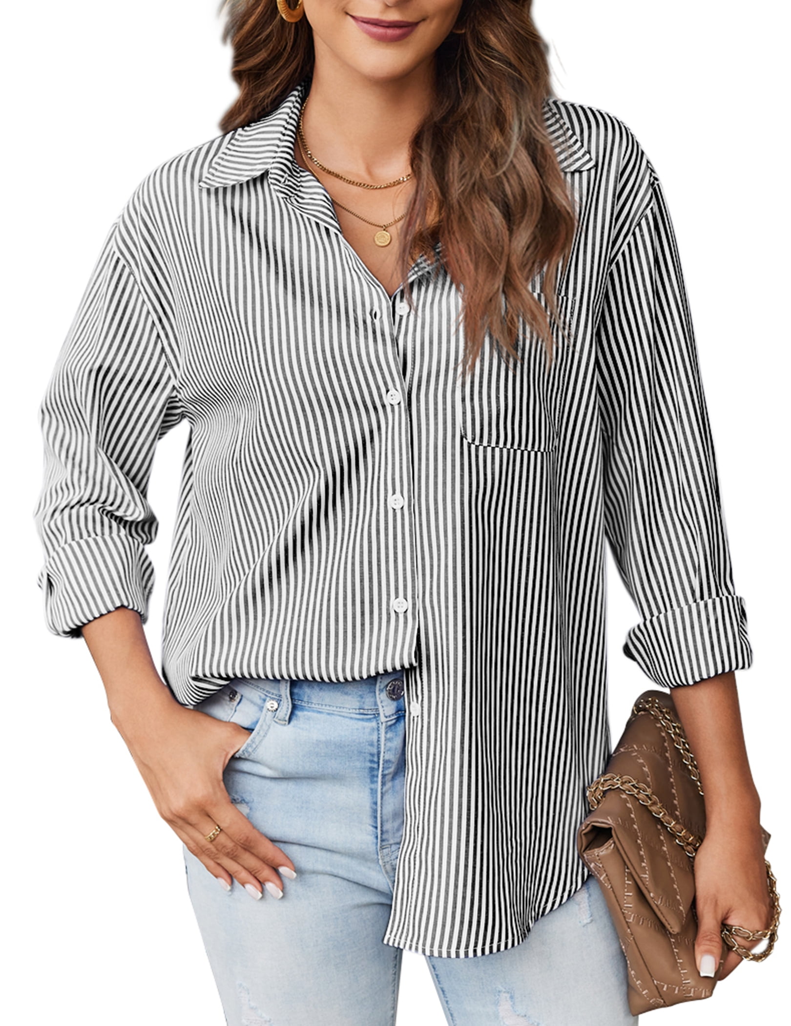 Wataxii Womens Button Down Shirts Striped Classic Long Sleeve Collared Office Work Blouses Tops ...