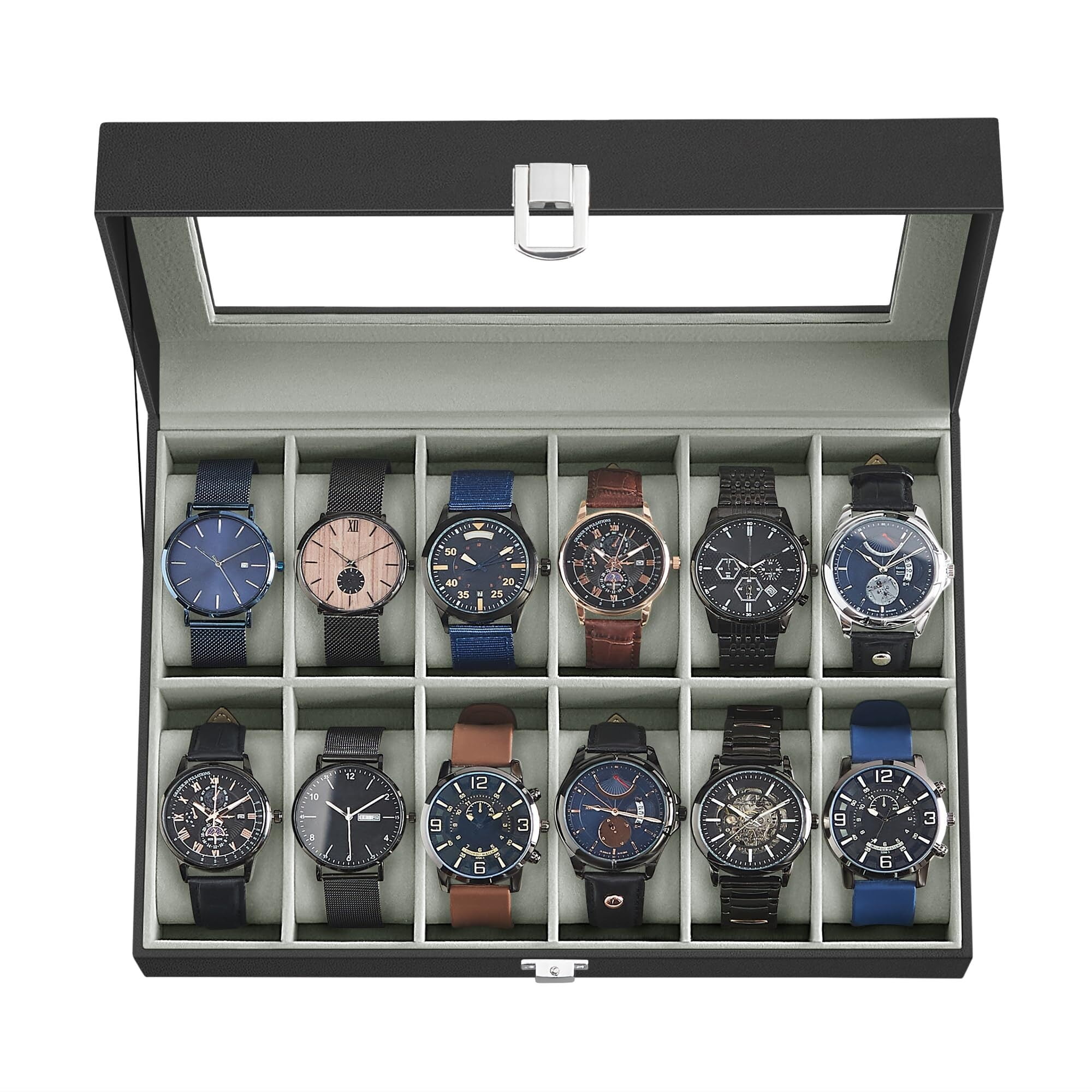 Watch Box, 12-Slot Watch Case with Large Glass Lid, Removable Watch ...