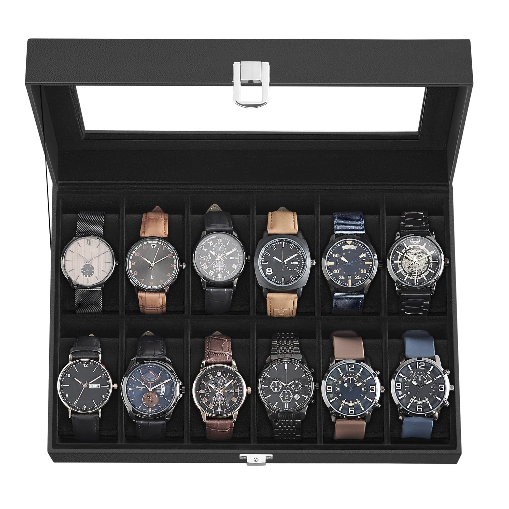 Watch Box, 12-Slot Watch Case with Large Glass Lid, Removable Watch ...