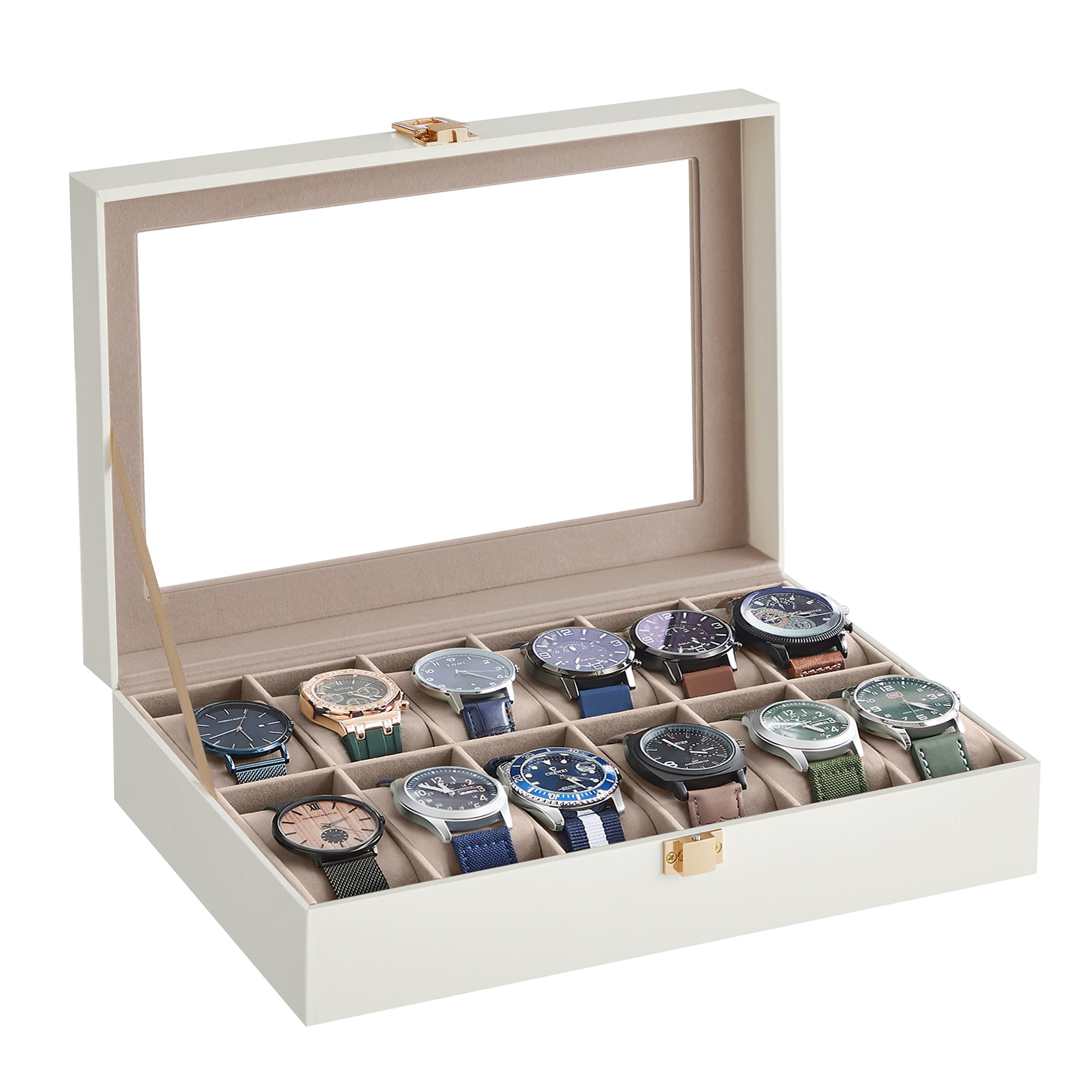 Watch Box, 12-Slot Watch Case with Large Glass Lid, 8”D x 11.9”W Watch ...