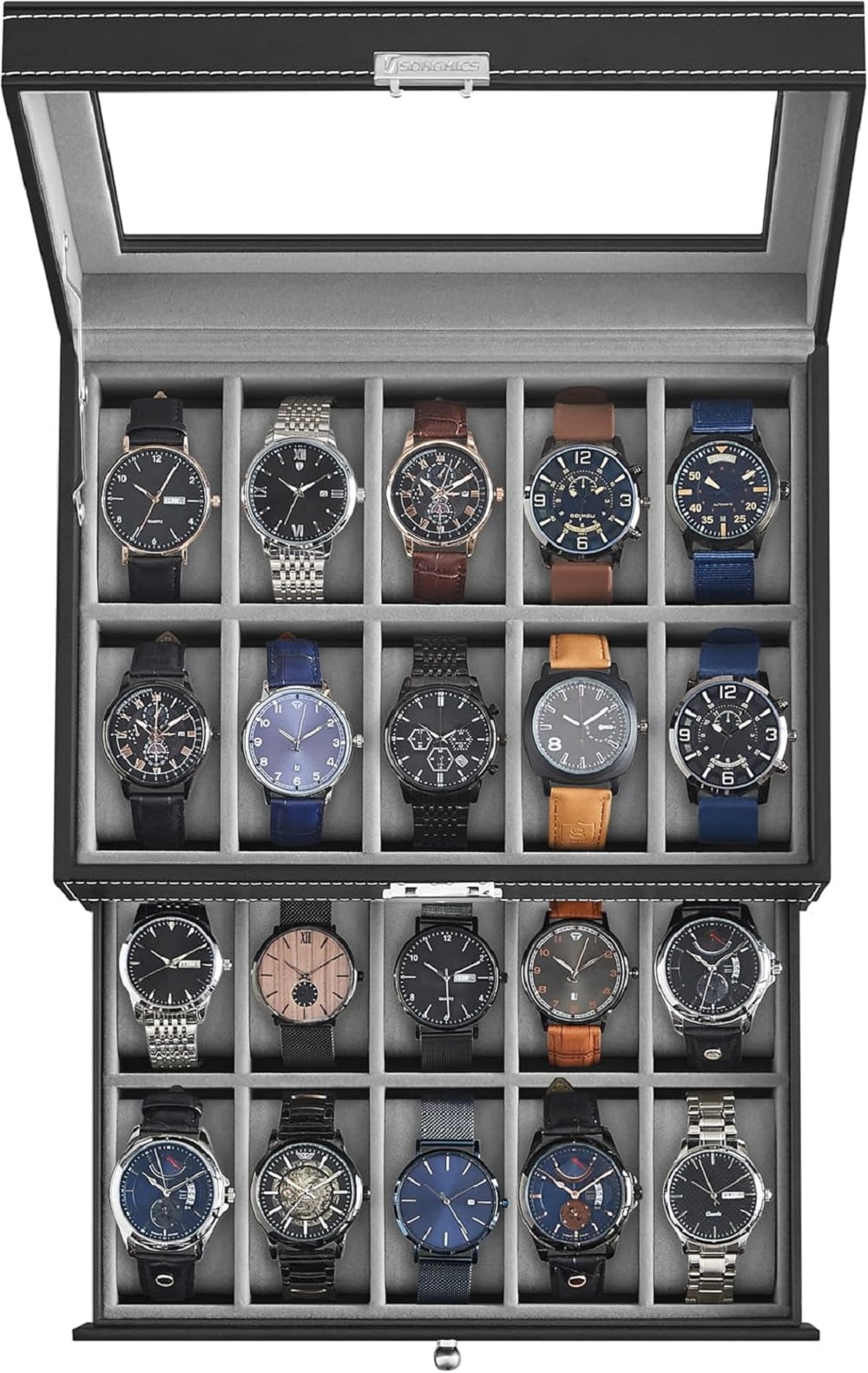 Watch Box 2 Layer 20 Slot Watch Box Organizer with Glass Lid Lockable ...