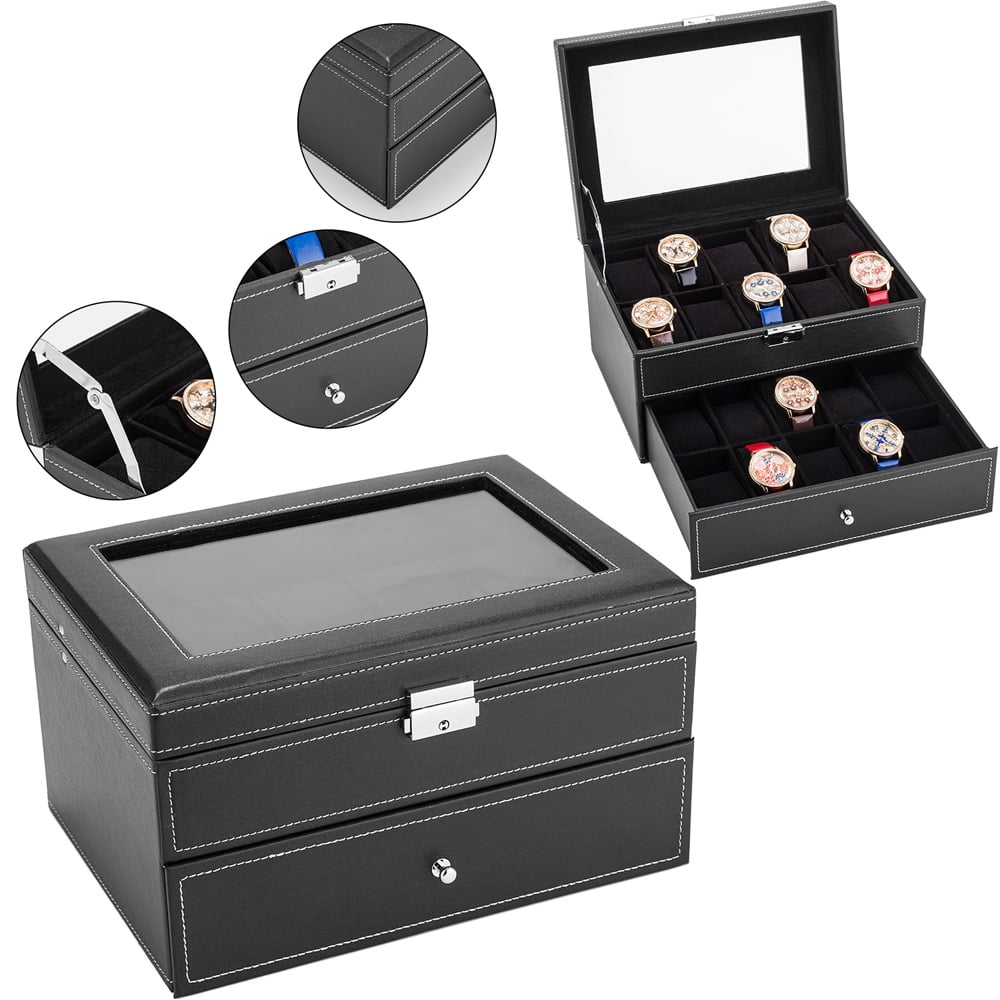 Watch Box, 20 Mens Case Glass Top Display Organizer Lockable, Black ...