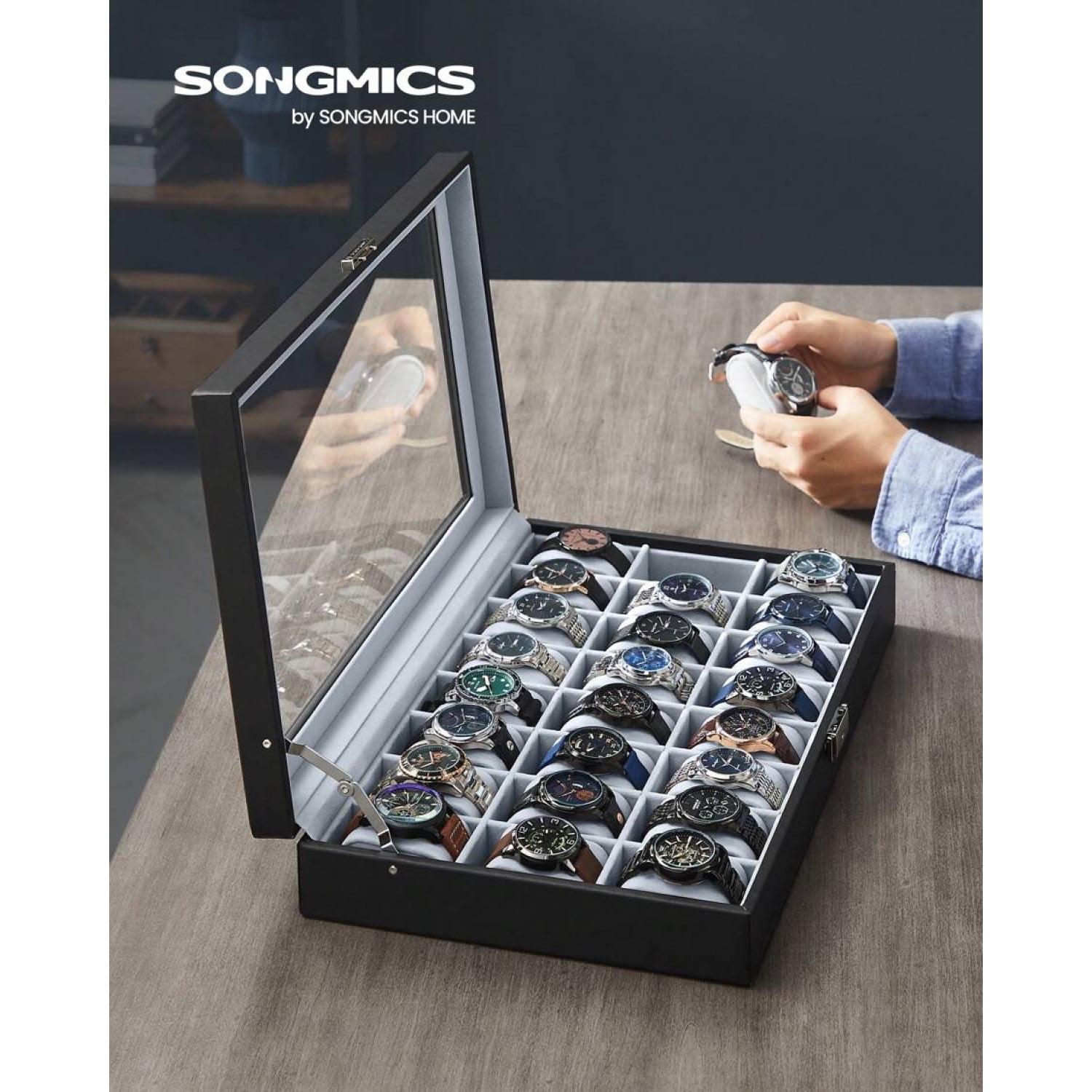 Watch Box,24-Slot Watch Case, Lockable Watch Storage Box With Glass Lid ...