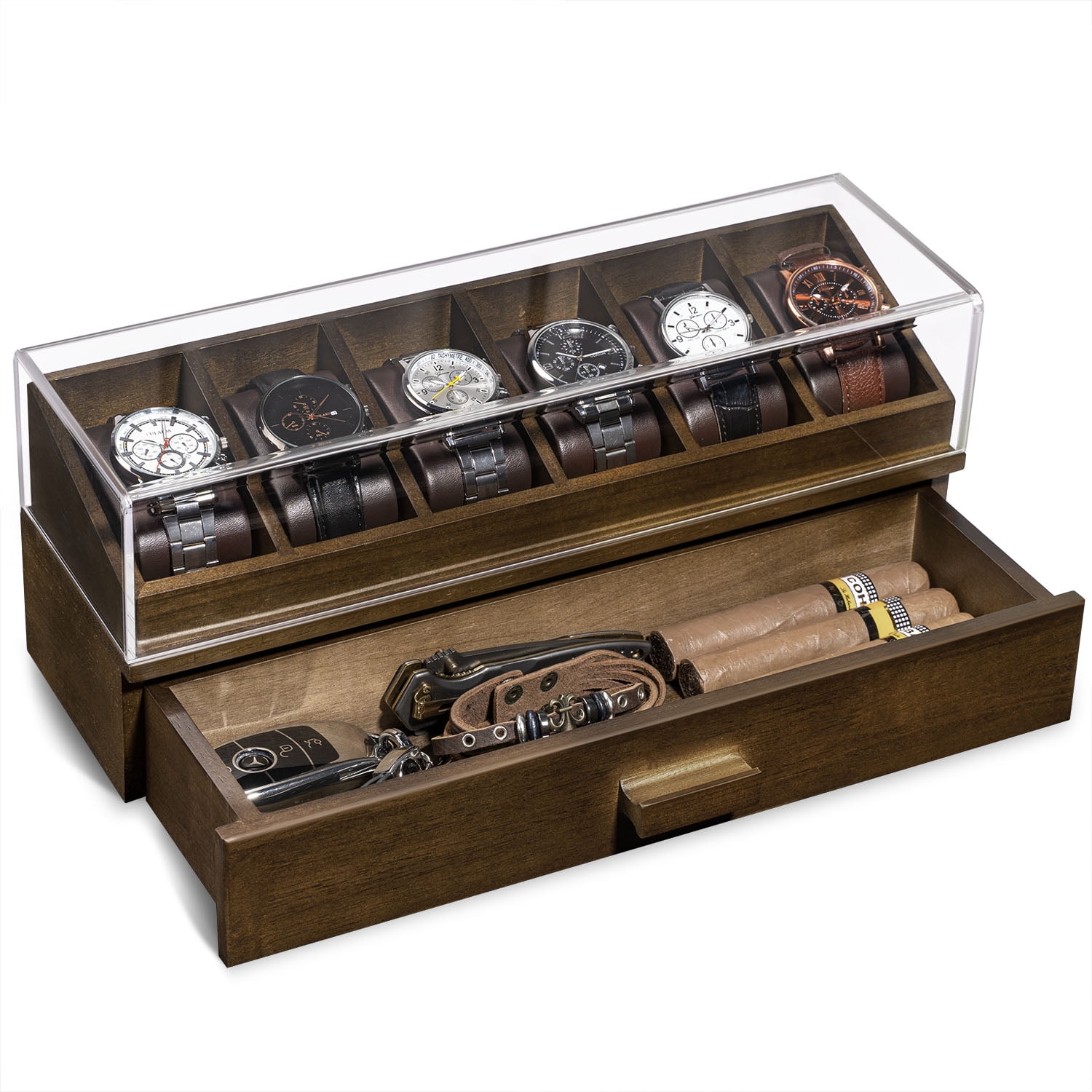 Watch Box Case Organizer Display for Men, Wooden Watch Case With Drawer ...
