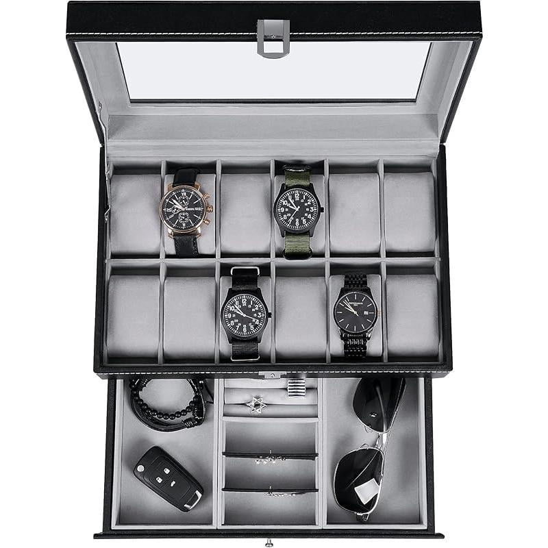 Watch Box Organizer 12 Slot Watch Case with Valet Drawer, Mens Watch ...