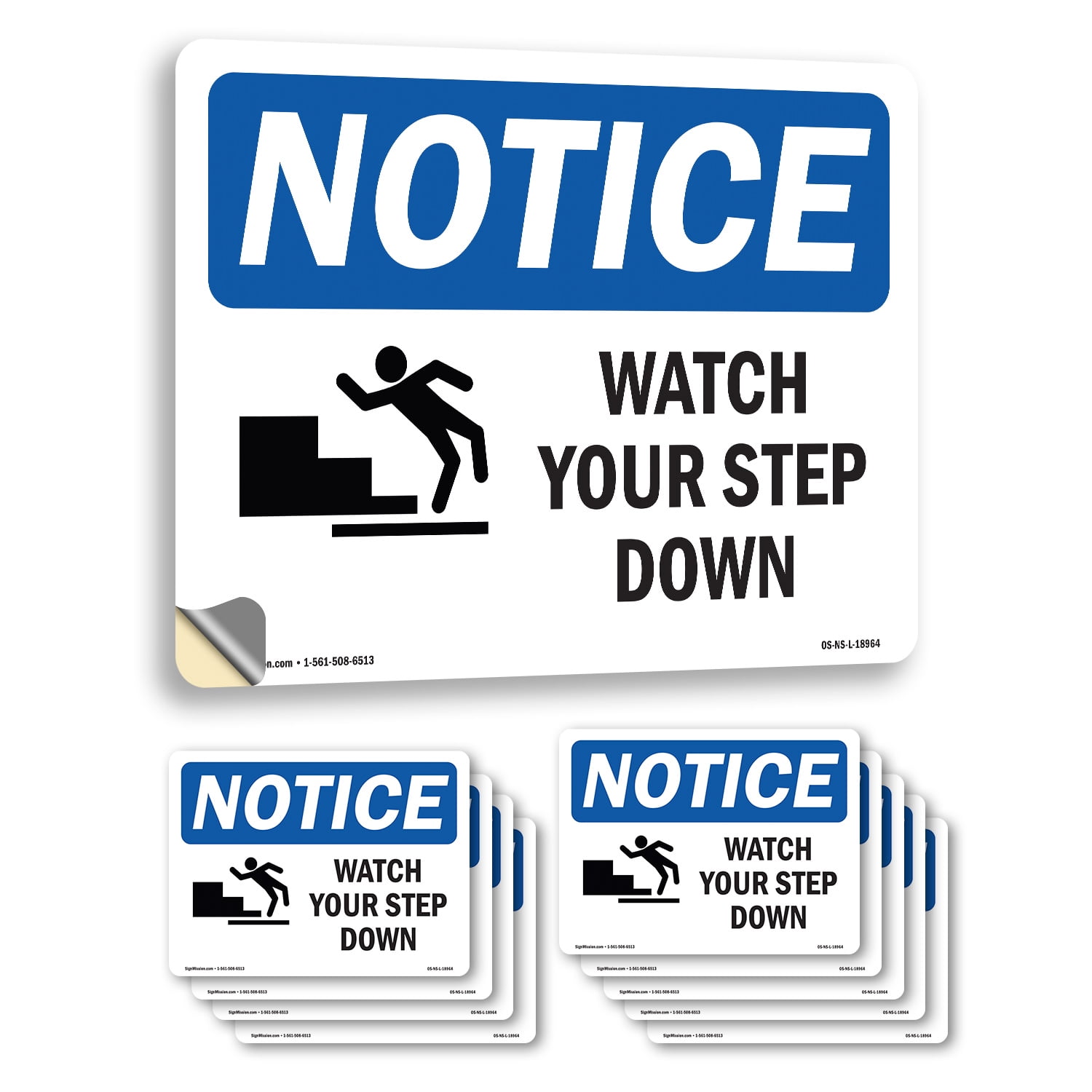 Watch Your Step Down With Symbol OSHA Notice Vinyl Decal Label 10 Inch x 7 Inch - 10 Pack ...
