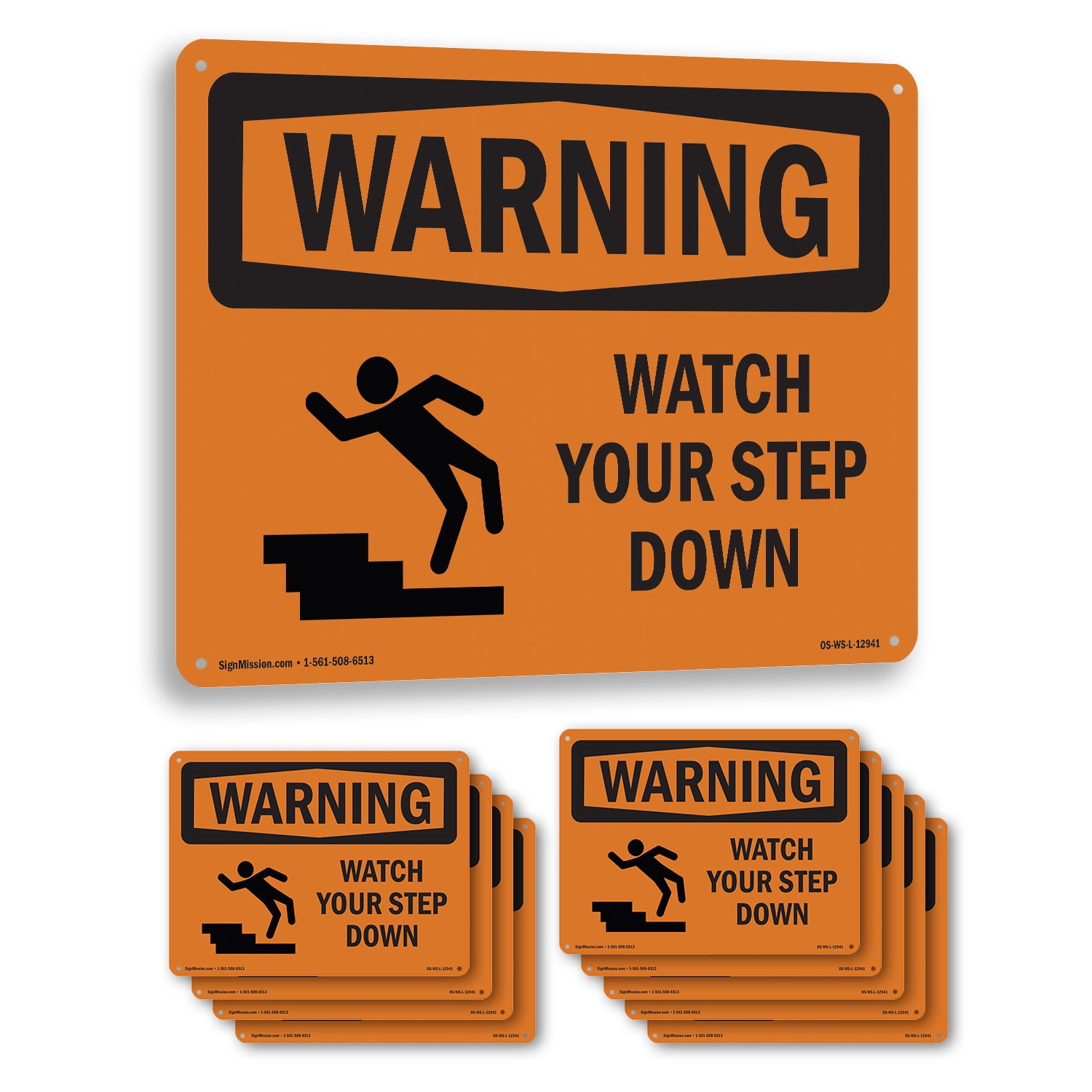 Watch Your Step Down With Symbol OSHA WARNING Rigid Plastic Sign 18 ...