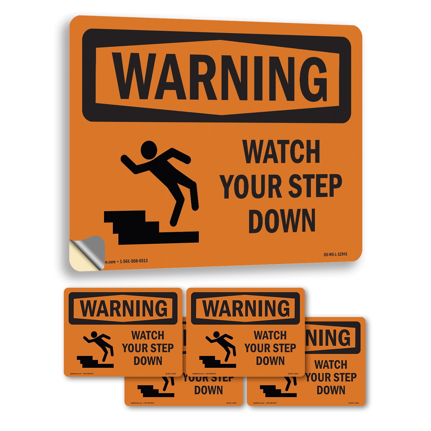 Watch Your Step Down With Symbol OSHA WARNING Vinyl Decal Label 10 Inch x 7 Inch - 5 Pack ...