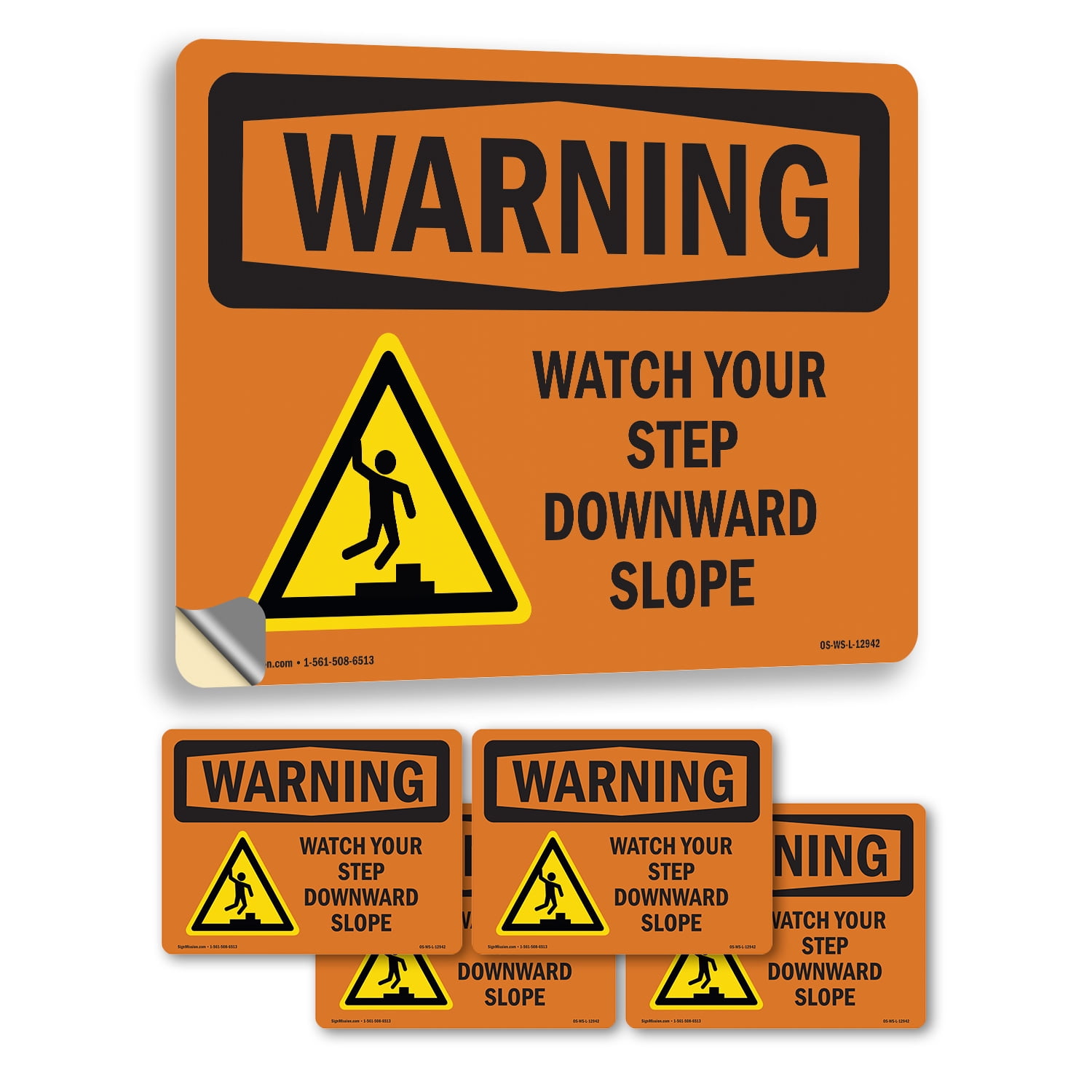 Watch Your Step Downward Slope With Symbol OSHA WARNING Vinyl Decal ...