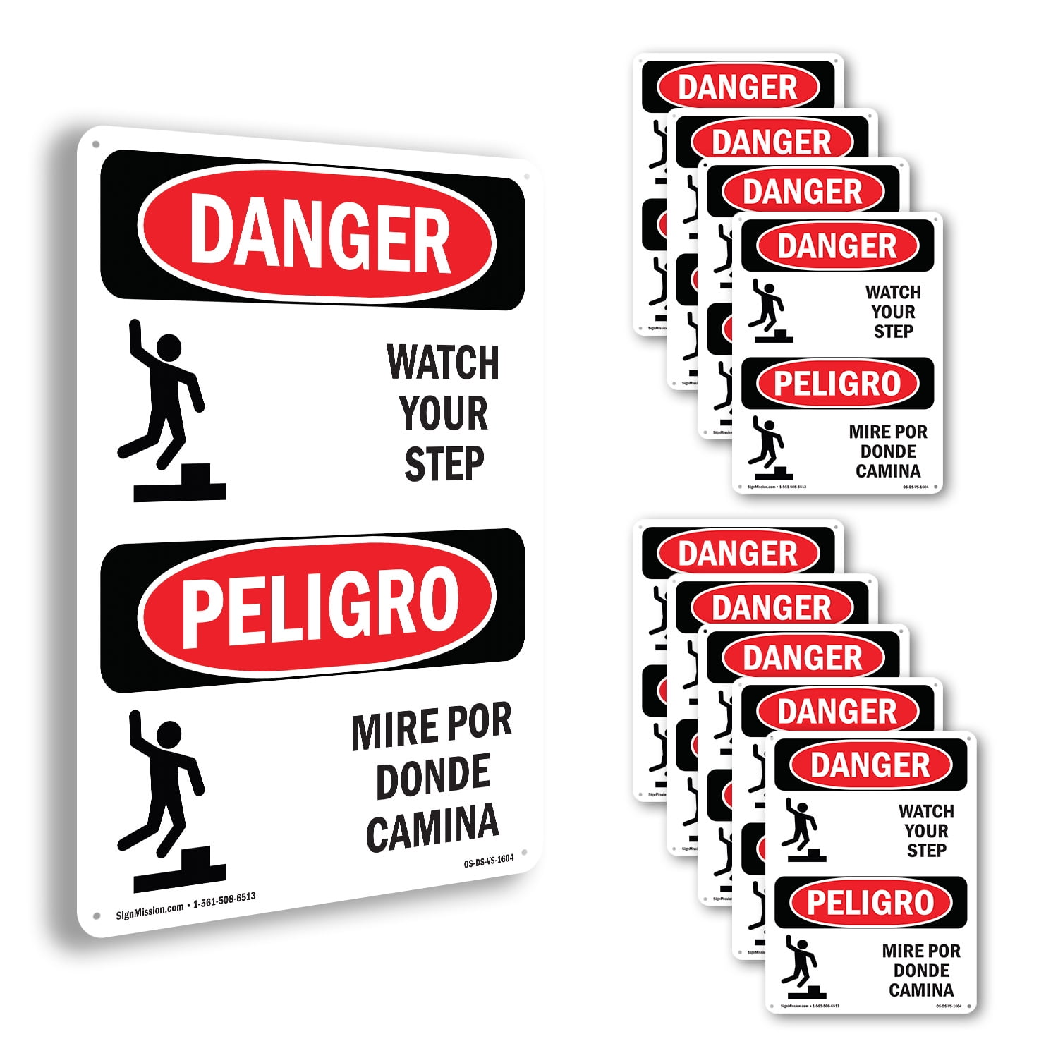 Watch Your Step With Symbol Bilingual OSHA Danger Rigid Plastic Sign 10 ...