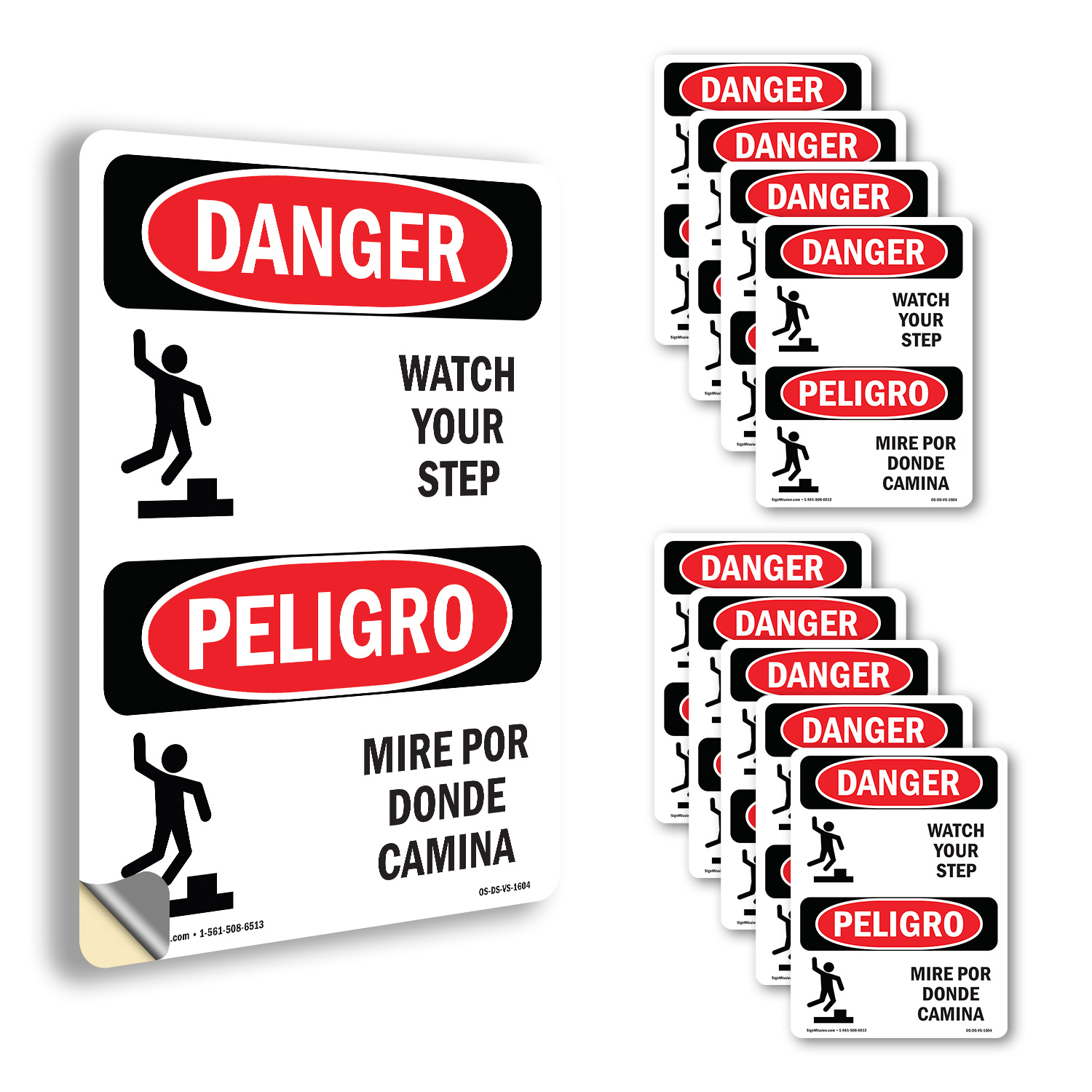 Watch Your Step With Symbol Bilingual OSHA Danger Vinyl Decal Label 24 ...