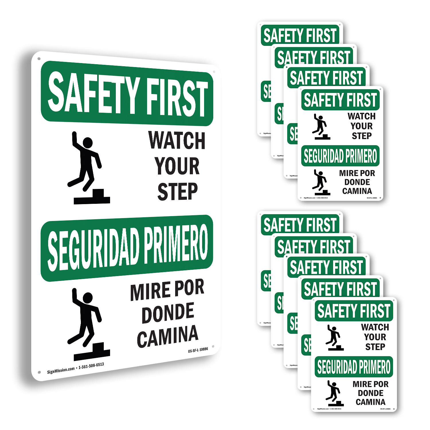Watch Your Step With Symbol Bilingual OSHA SAFETY FIRST Aluminum Sign ...