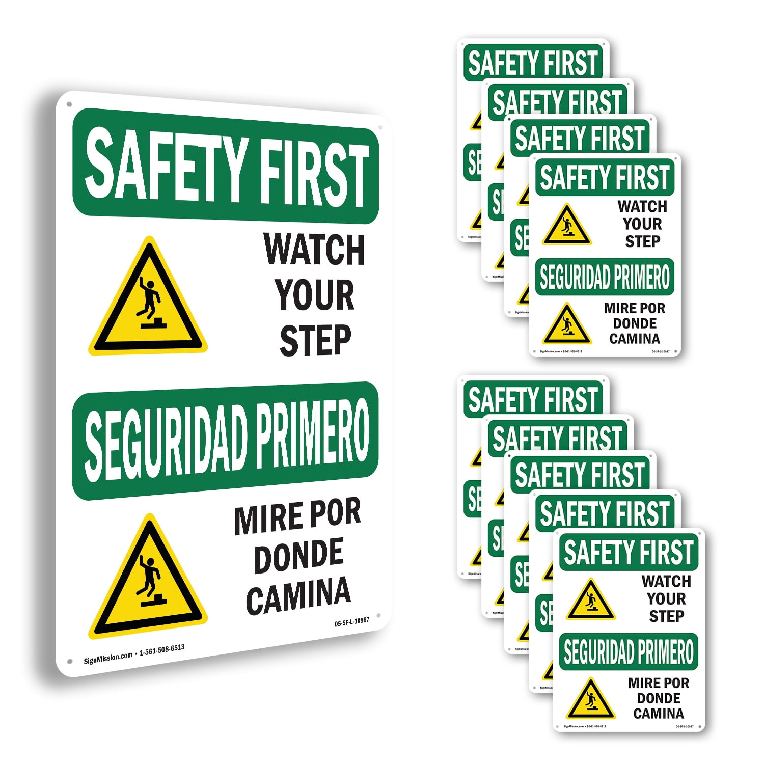 Watch Your Step With Symbol Bilingual OSHA SAFETY FIRST Aluminum Sign ...