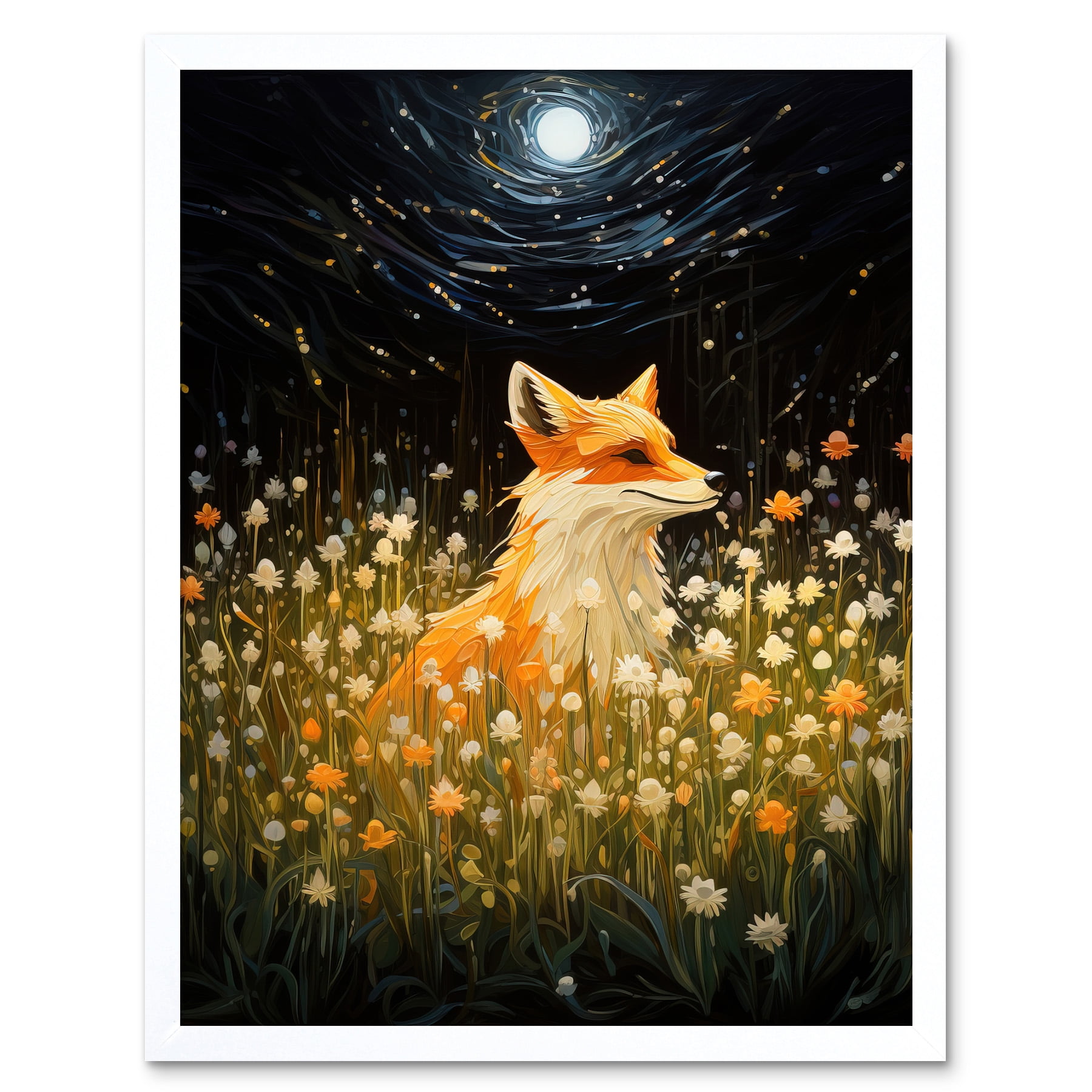 Watching the Fireflies Dance Happy Fox over a Wildflower Meadow Oil Painting Orange White Blue ...