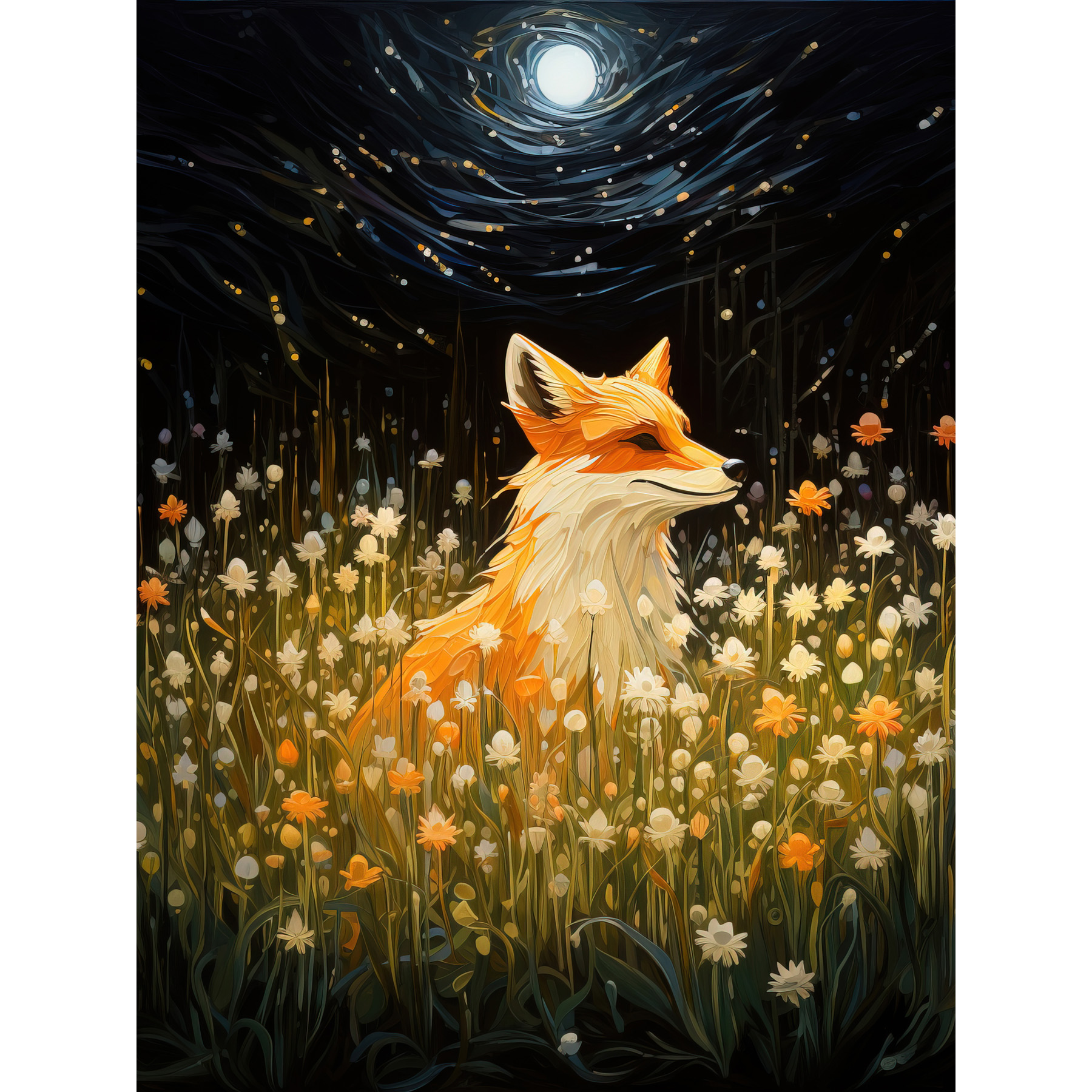 Watching the Fireflies Dance Happy Fox over a Wildflower Meadow Oil ...