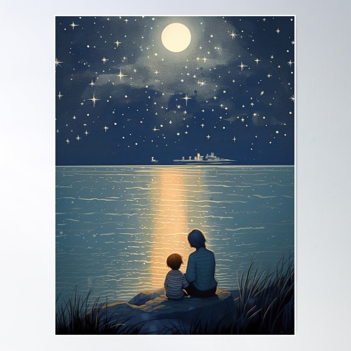 Watching The Moon With Little Boy Poster Wall Art, Modern Wall Decor ...