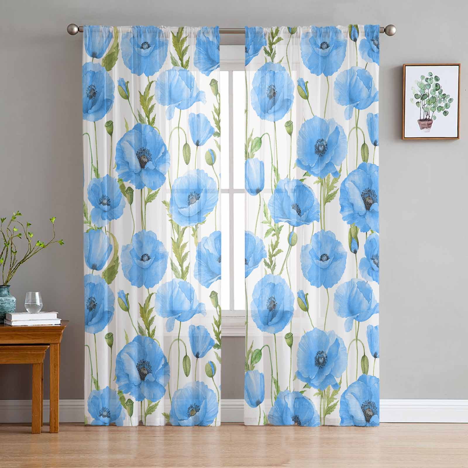 Water Blue Poppy Flower Texture Triangle Tulle Sheer Curtains For ...