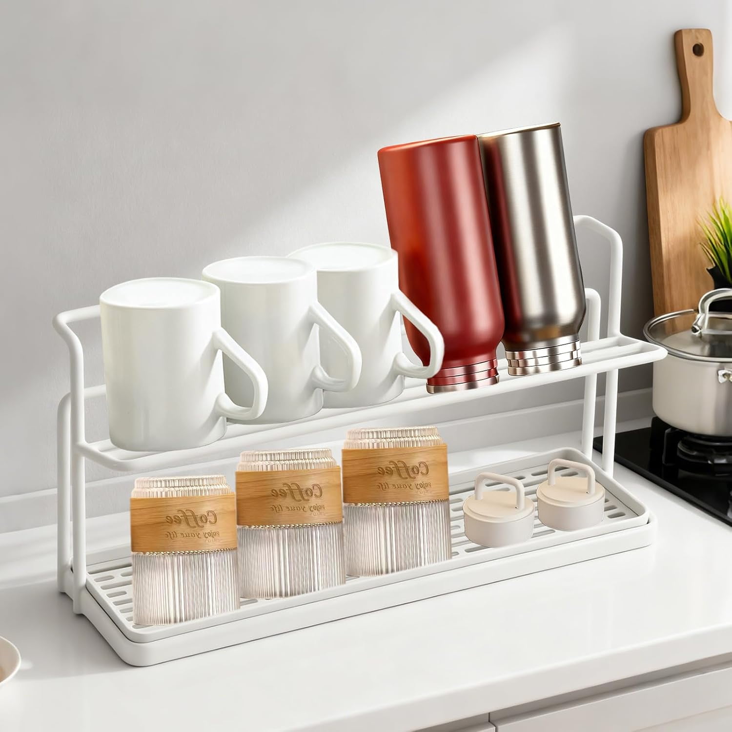 Water Bottle Drying Rack With Drain Tray - 2-Tier Kitchen Cup Storage ...