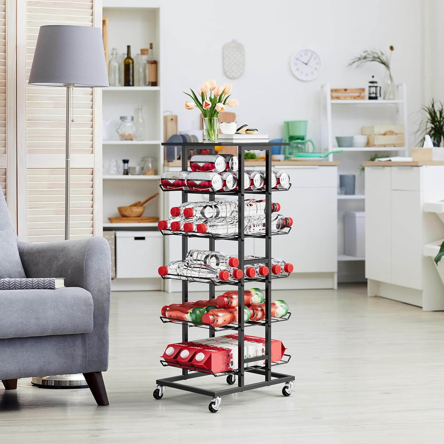 Water Bottle Organizer Metal Storage Rack with Lockable Wheels Bottle ...