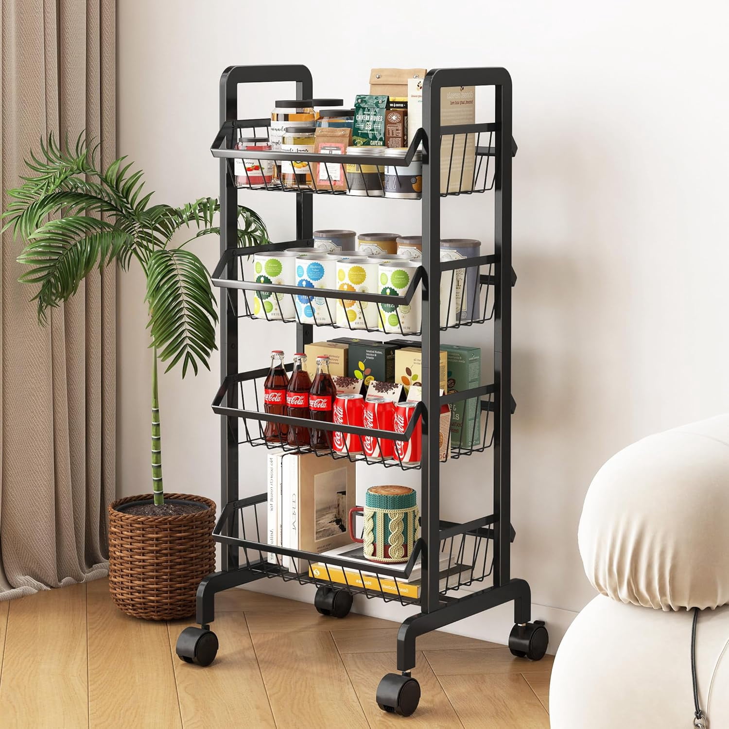 Water Bottle Organizer with Wheels 4-Tier Fruit Rack Snack Cart Cart ...
