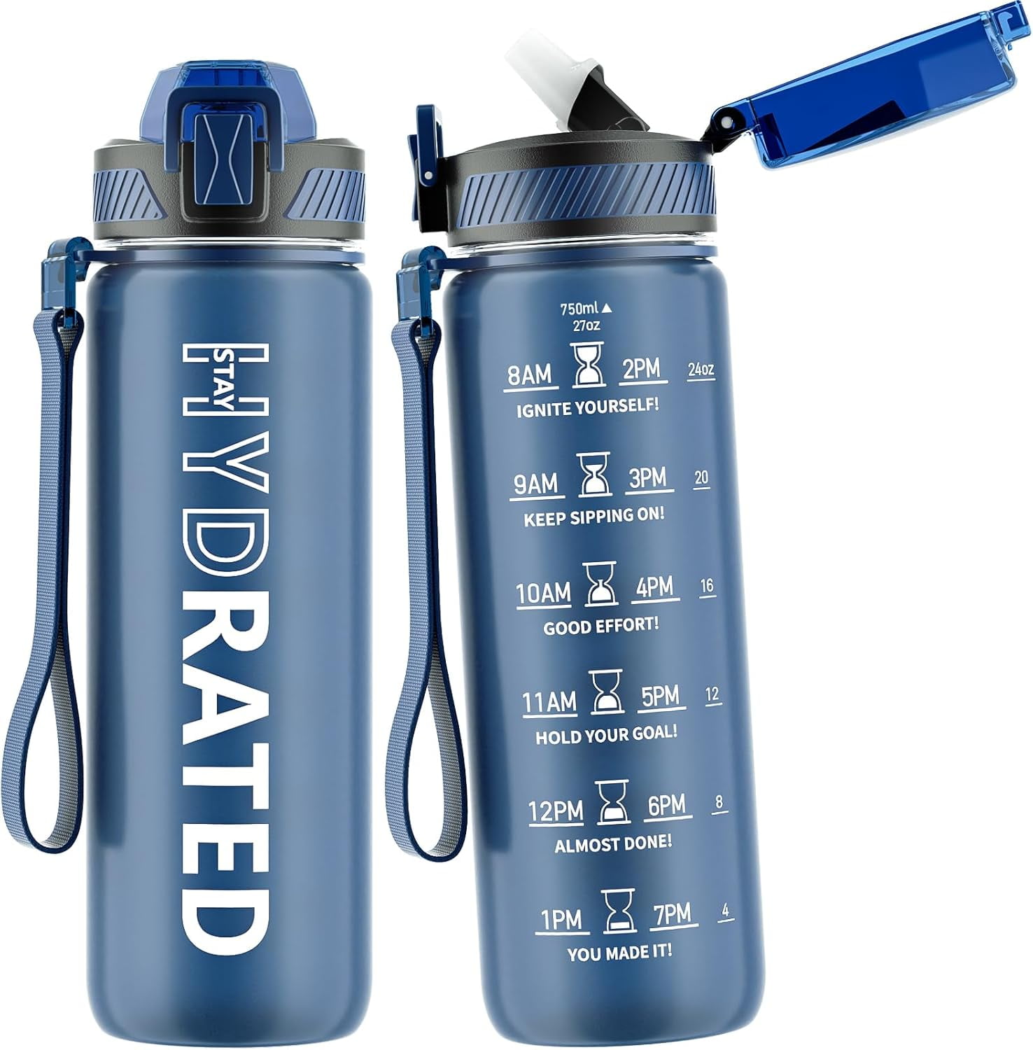 Water Bottle with Straw, 27oz Motivational Water Bottles with Time Marker to Drink, Tritan BPA ...