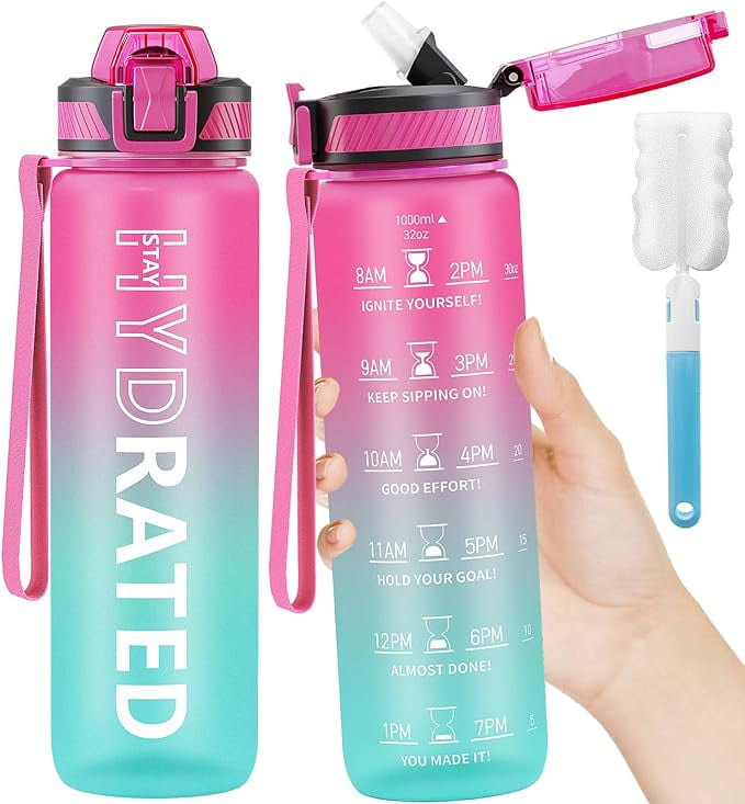 Water Bottle with Straw, 32 oz Motivational Water Bottles with Time Marker to Drink, Tritan BPA ...