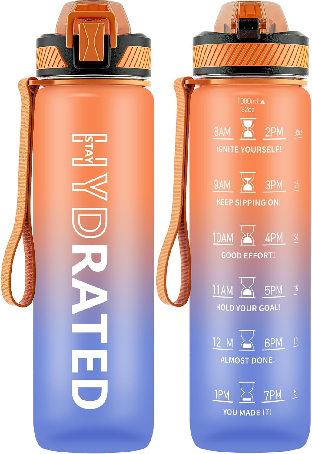 Water Bottle with Straw, 32oz Motivational Water Bottles with Time Marker to Drink, Tritan BPA ...
