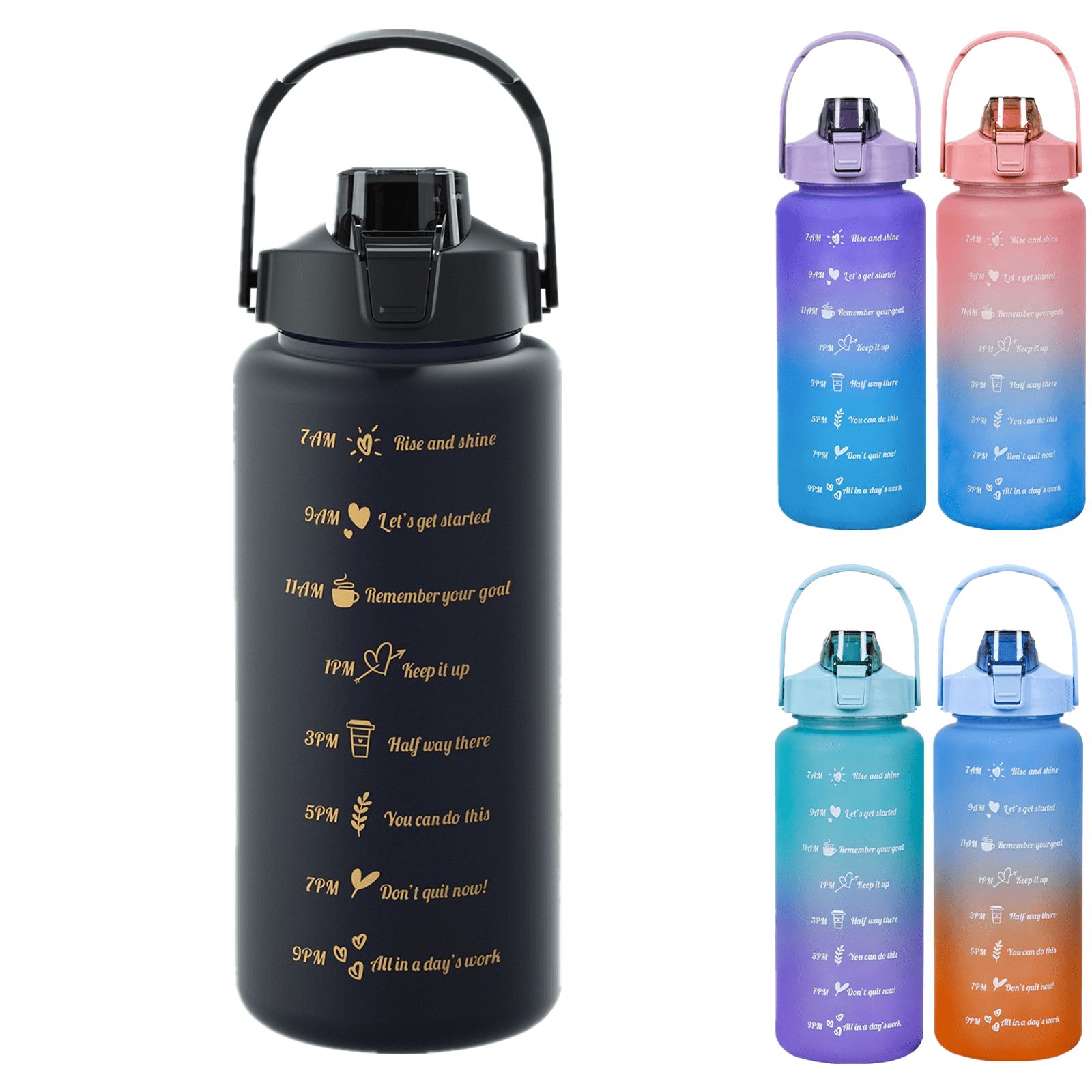 Water Bottle with Straw, 64oz Motivational Water Bottles with Time Marker to Drink, BPA Free, 2L ...