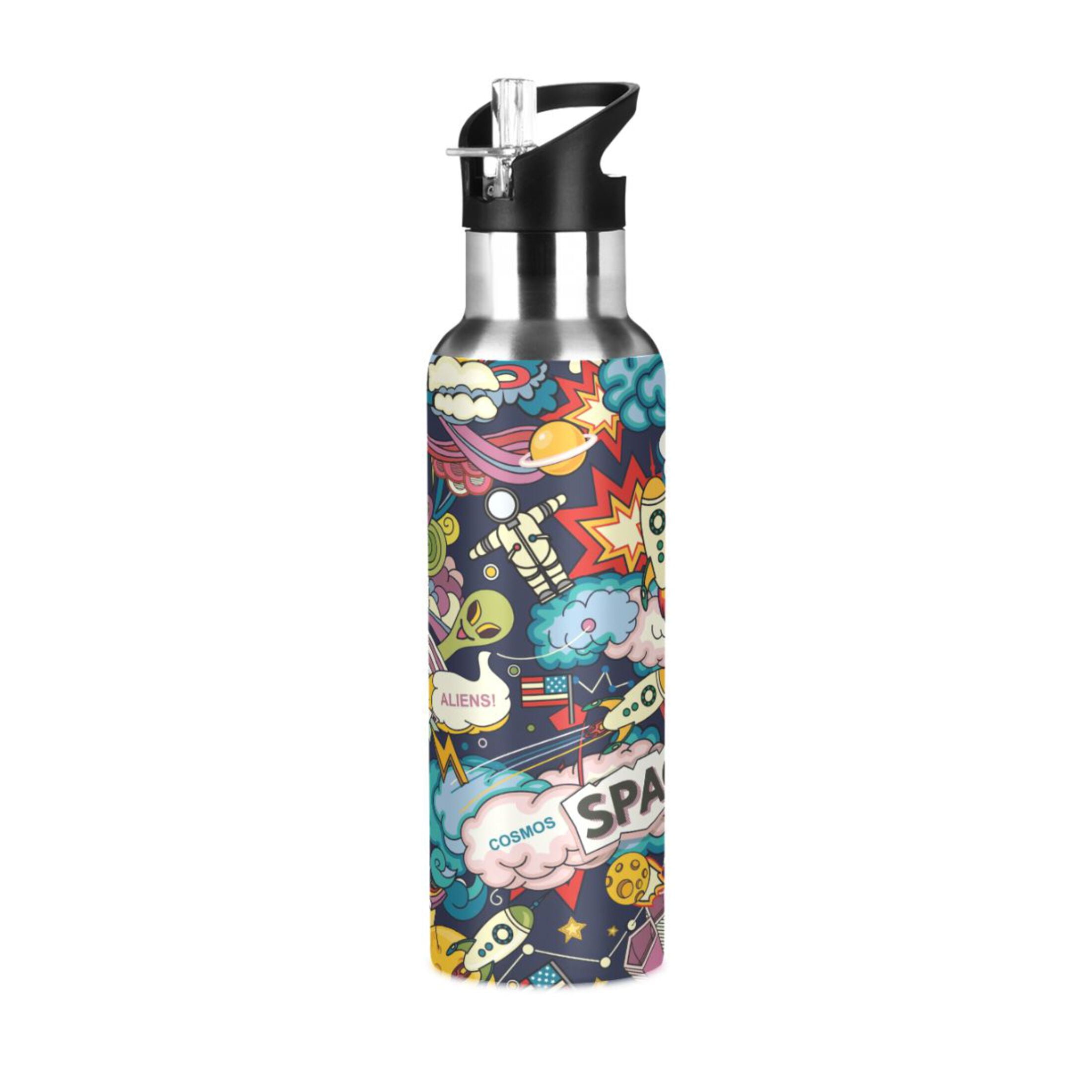 Water Bottle with Straw Lid Leak Aliens Space Galaxy Rocket Stainless ...