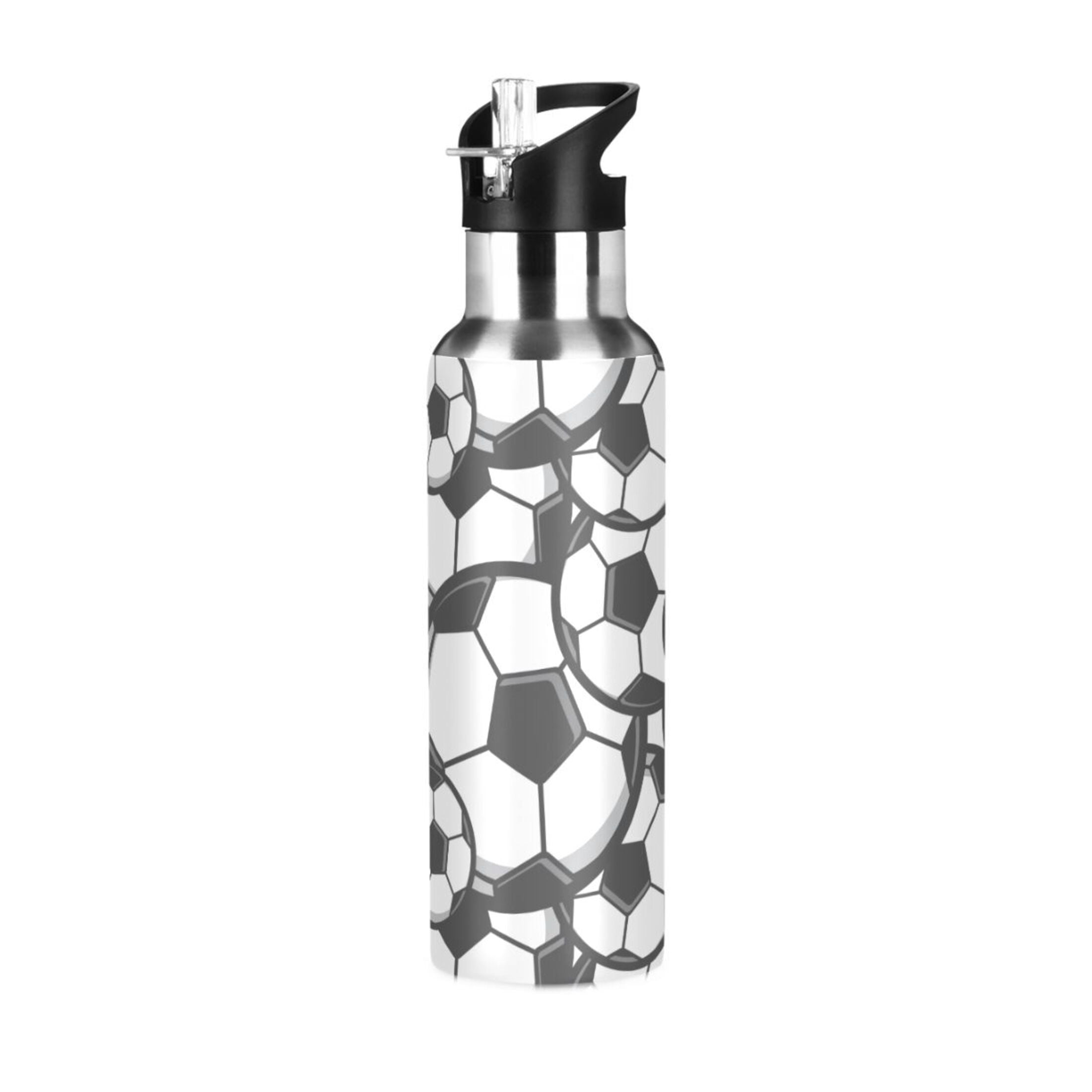 Water Bottle with Straw Lid Leak Black-white Football Stainless Steel ...