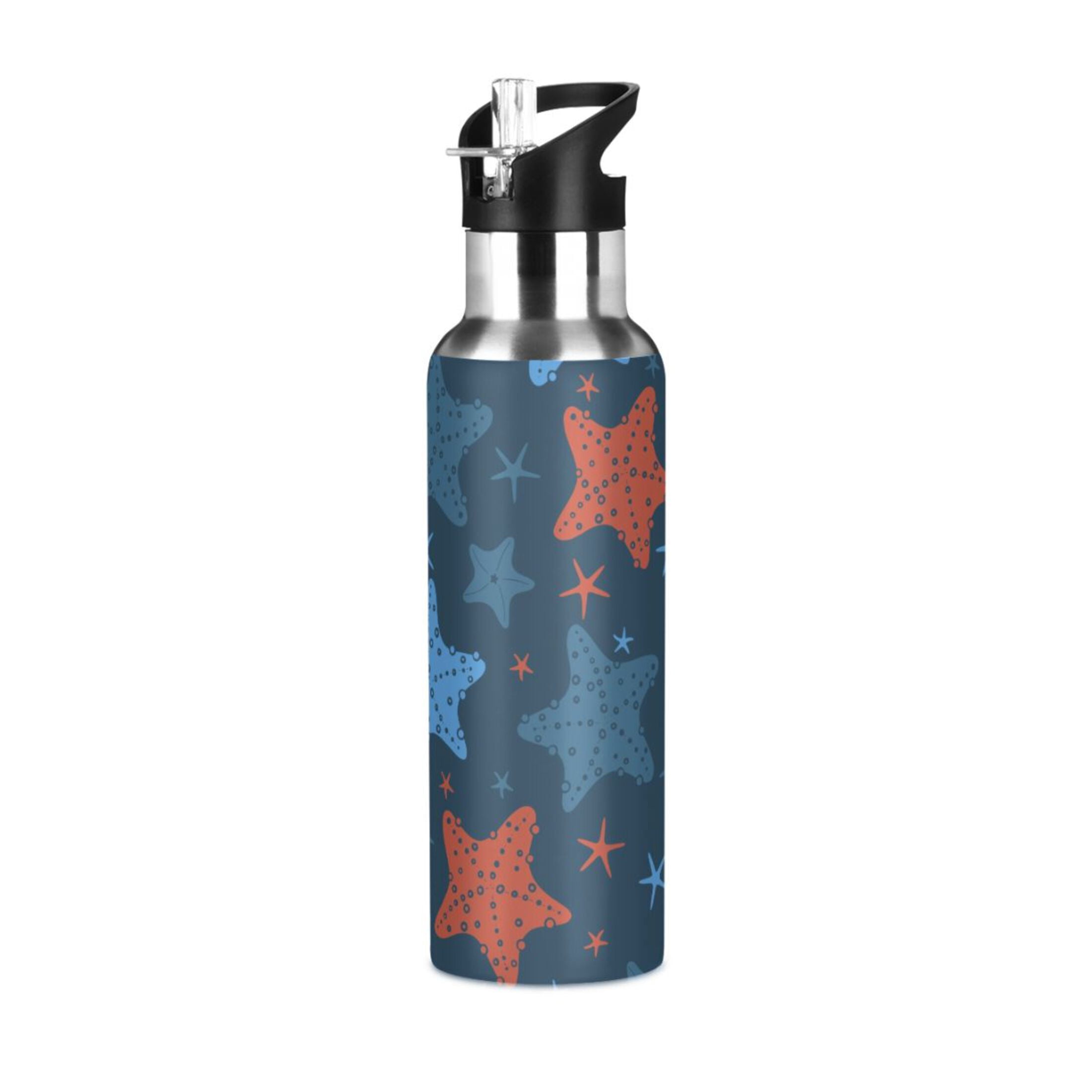 Water Bottle with Straw Lid Leak Blue-orange Starfish Stainless Steel ...