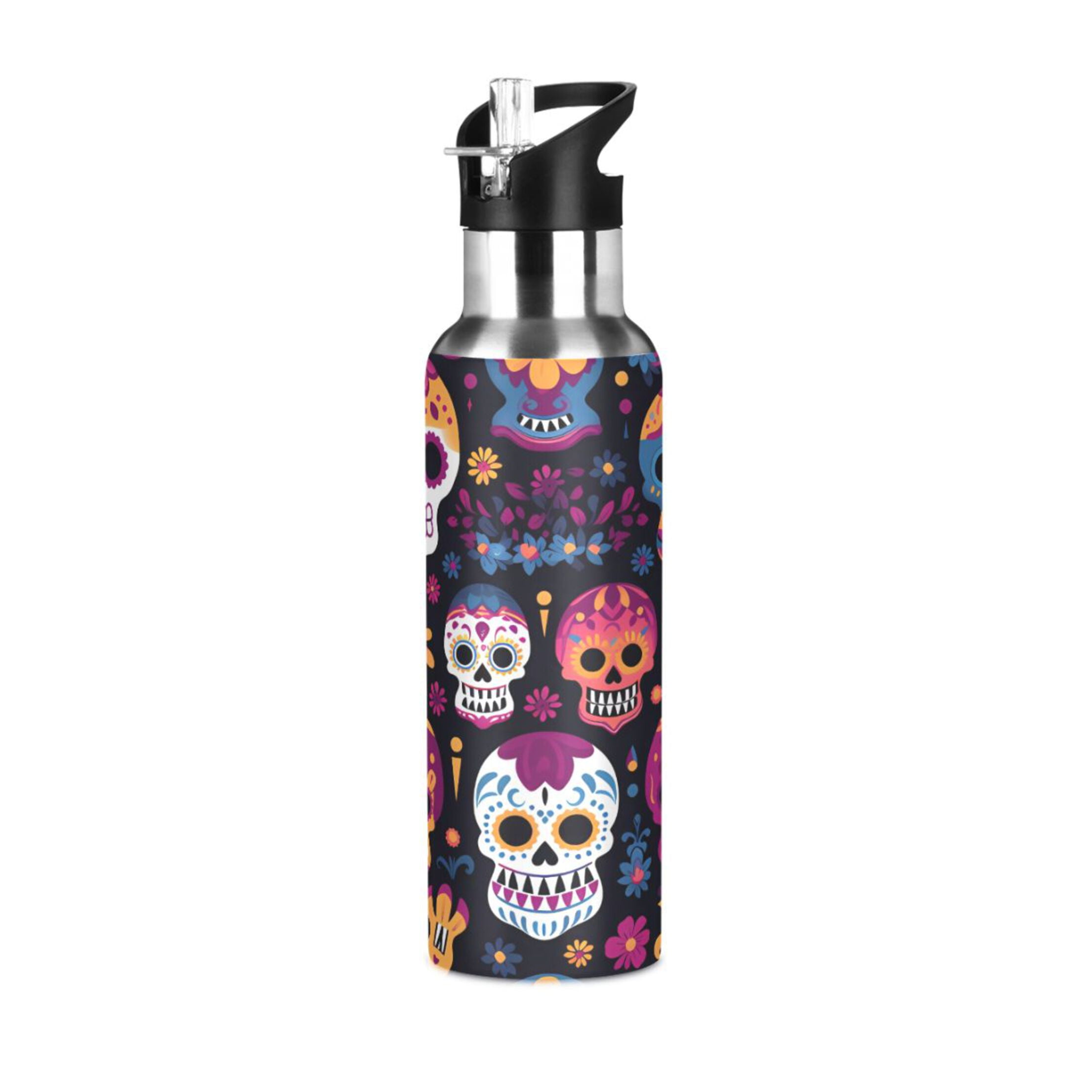 Water Bottle with Straw Lid Leak Colorful Skeletons Skulls Stainless ...