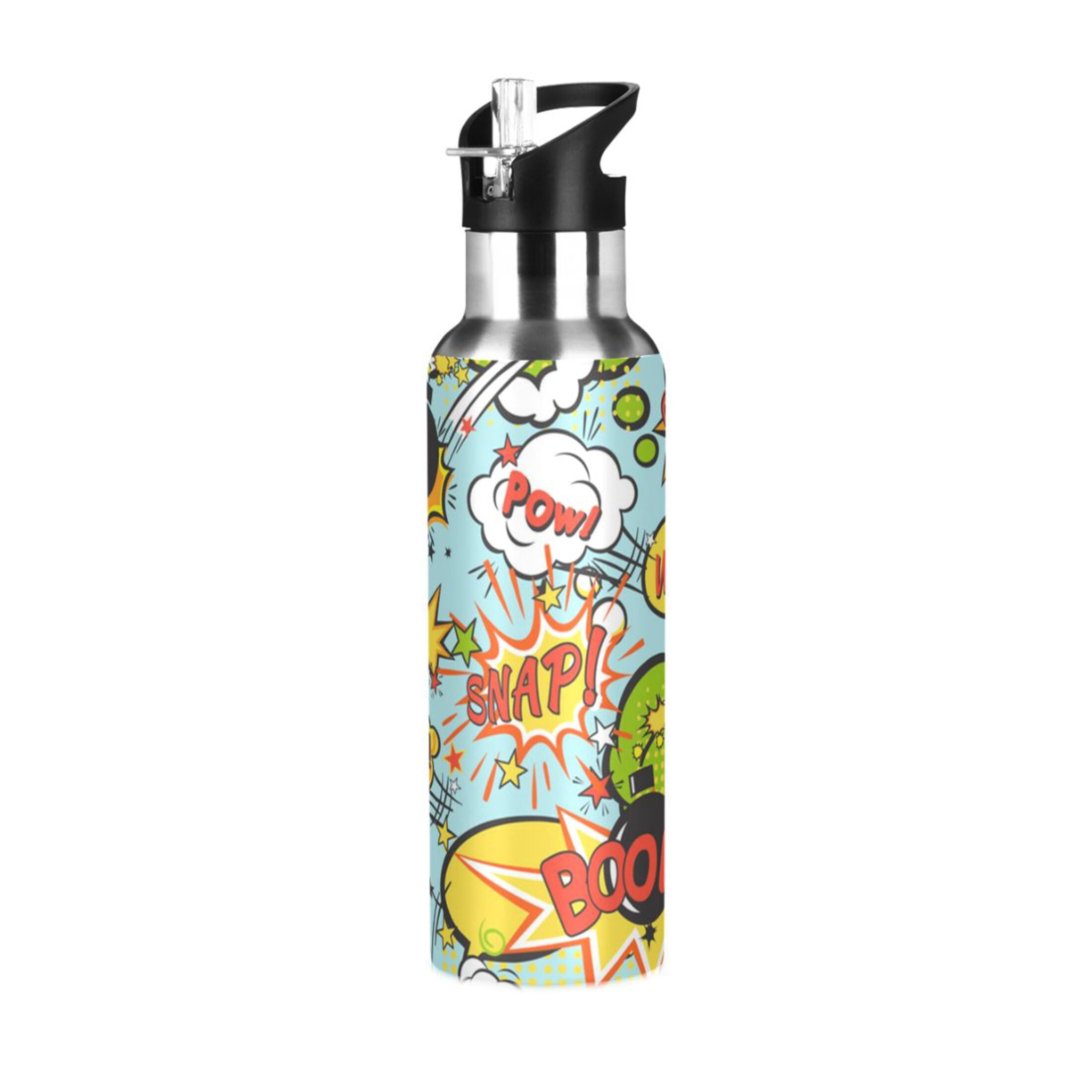 Water Bottle with Straw Lid Leak Comic Cartoon Style Pattern Stainless ...