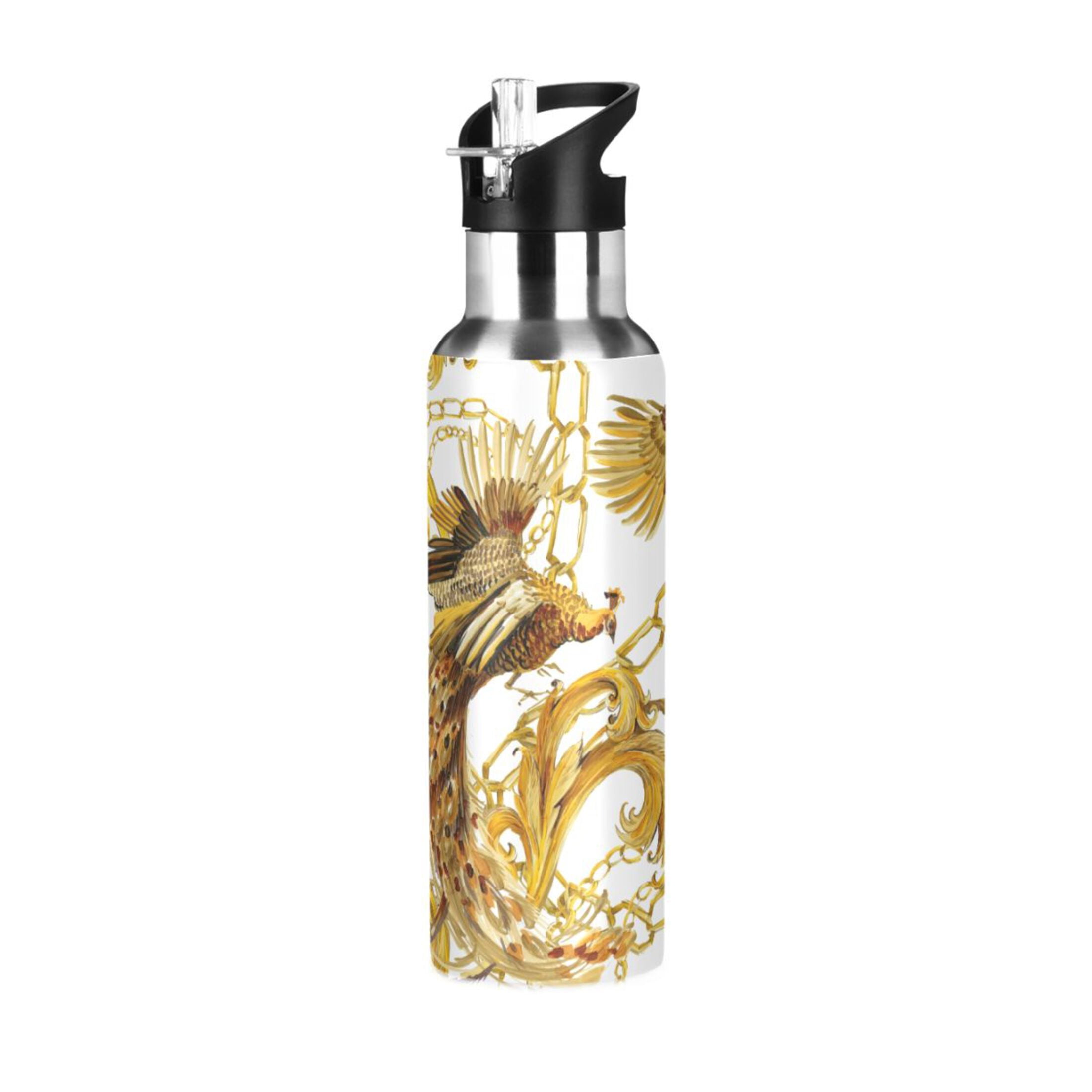 Water Bottle with Straw Lid Leak Gold Chains and Peacock Stainless ...