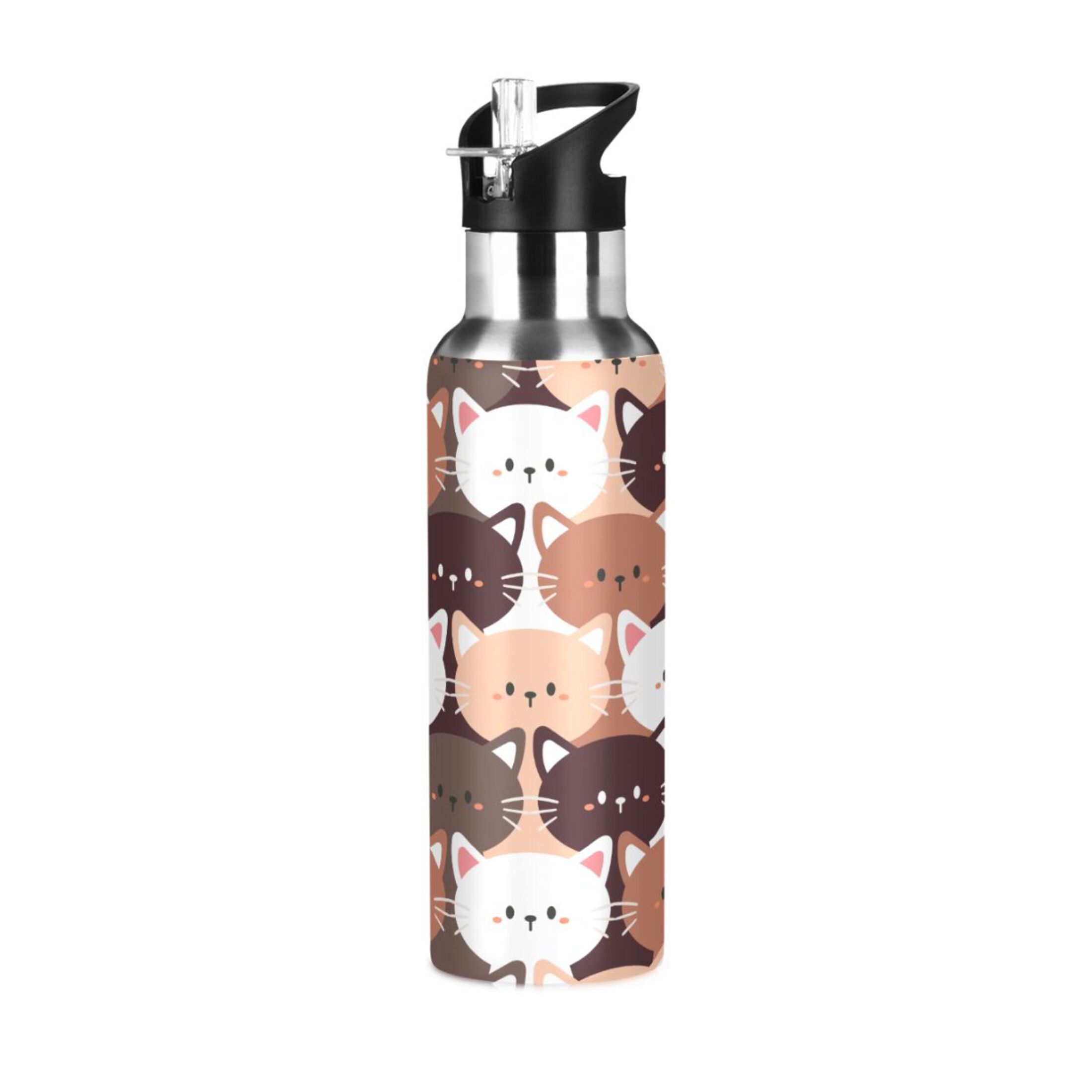 Water Bottle with Straw Lid Leak Pattern Cute Cartoon Cat Stainless ...