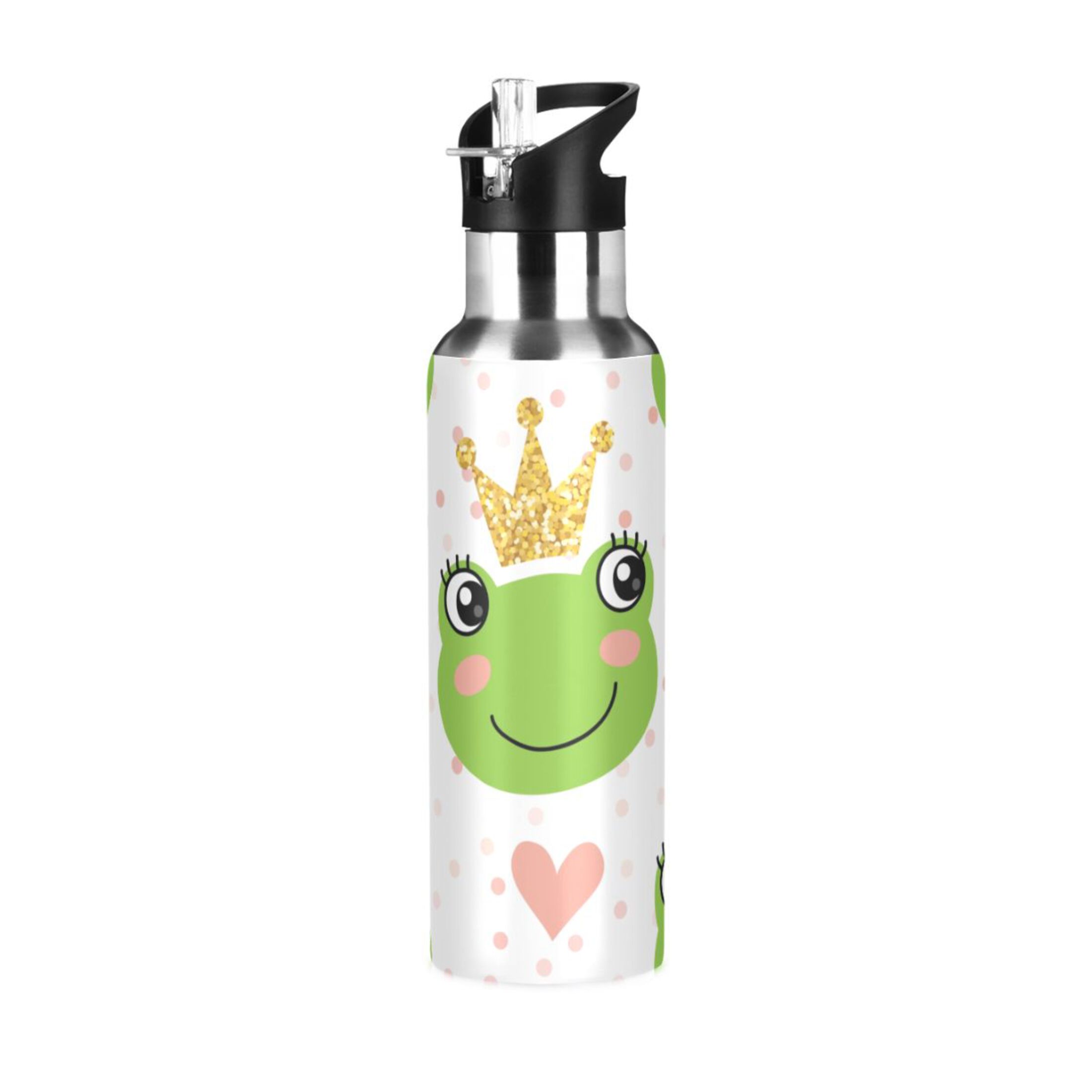 Water Bottle with Straw Lid Leak Pattern with Cute Frogs Stainless Steel Insulated Thermos ...