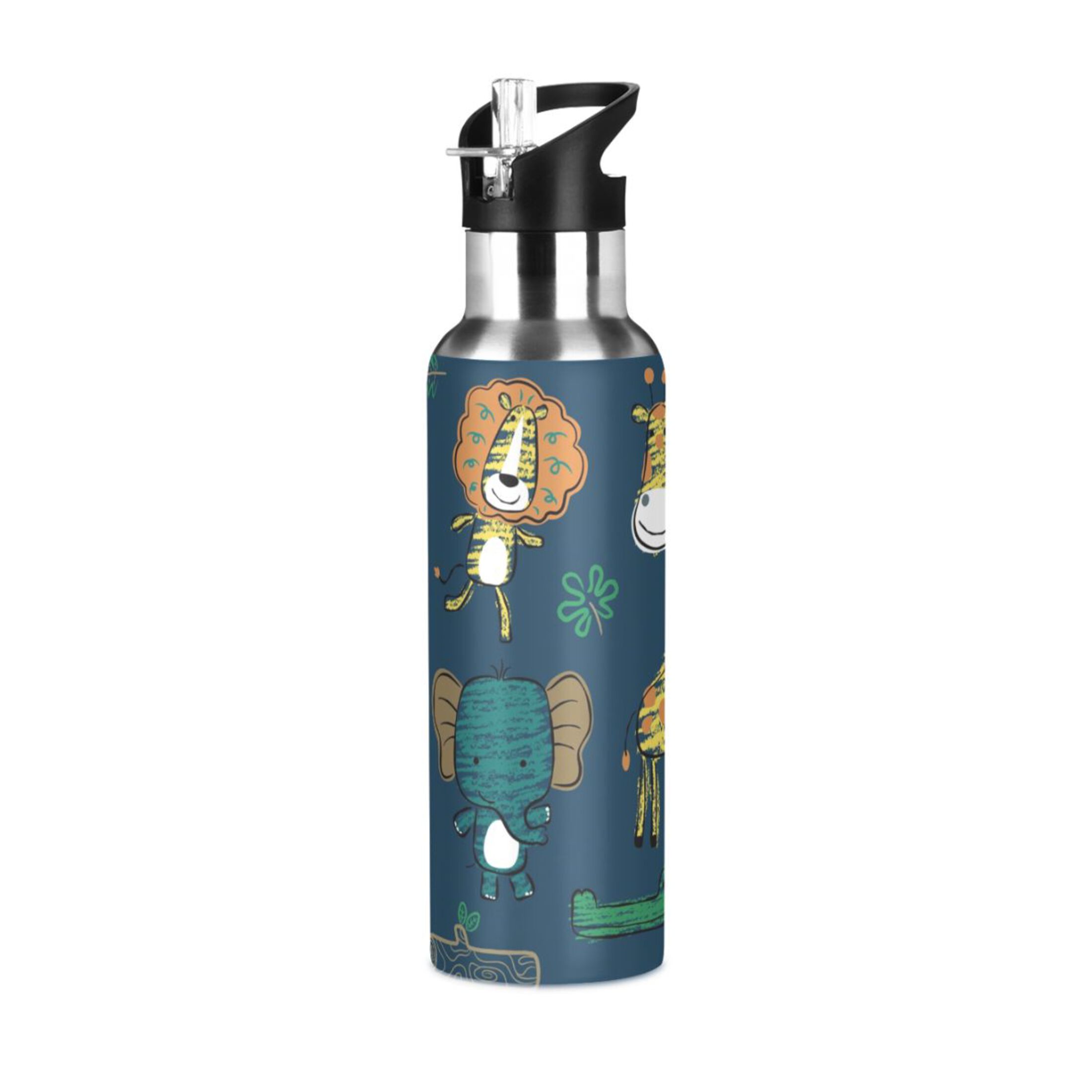 Water Bottle with Straw Lid Leak Safari Animals Cartoon Zebra Elephant ...