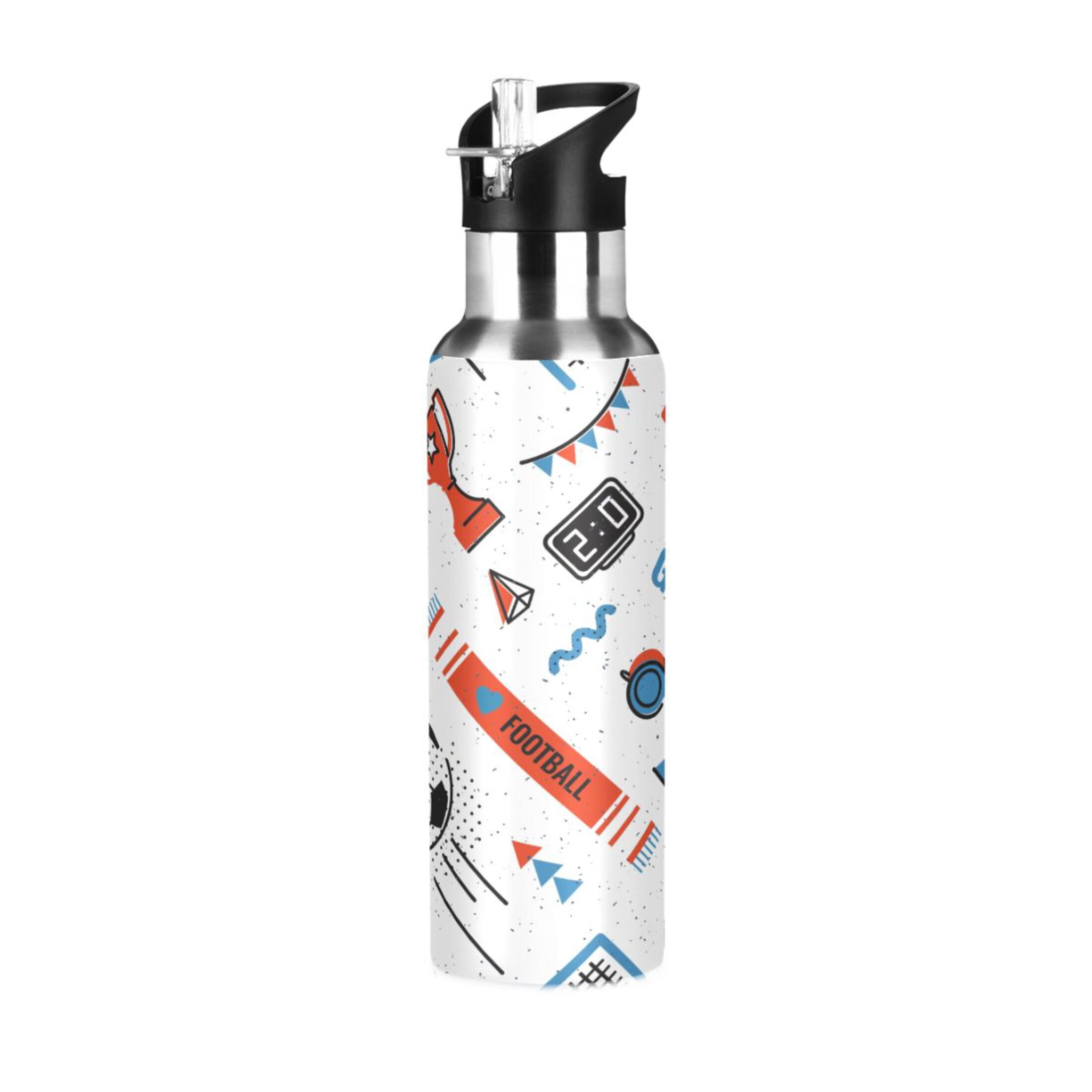 Water Bottle with Straw Lid Leak Soccer Football Modern Stainless Steel ...