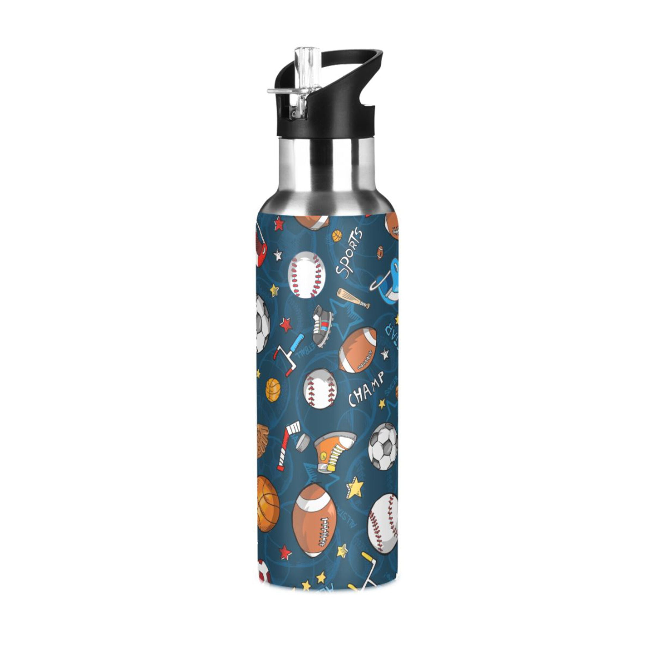 Water Bottle with Straw Lid Leak Sport Basketball Baseball Football ...