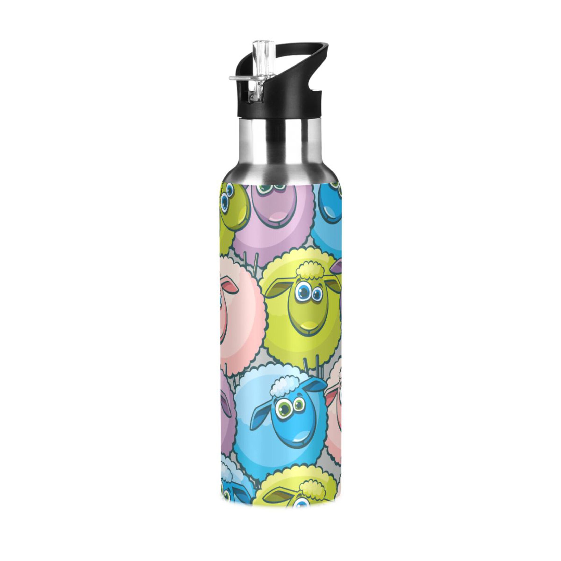 Water Bottle with Straw Lid Leak Cartoon Funny Sheep Stainless Steel ...