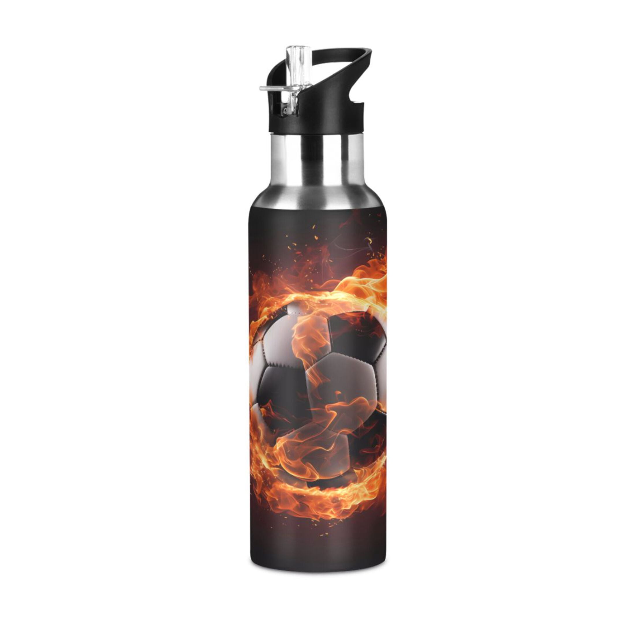 Water Bottle with Straw Lid Leak Football in Fire Stainless Steel ...