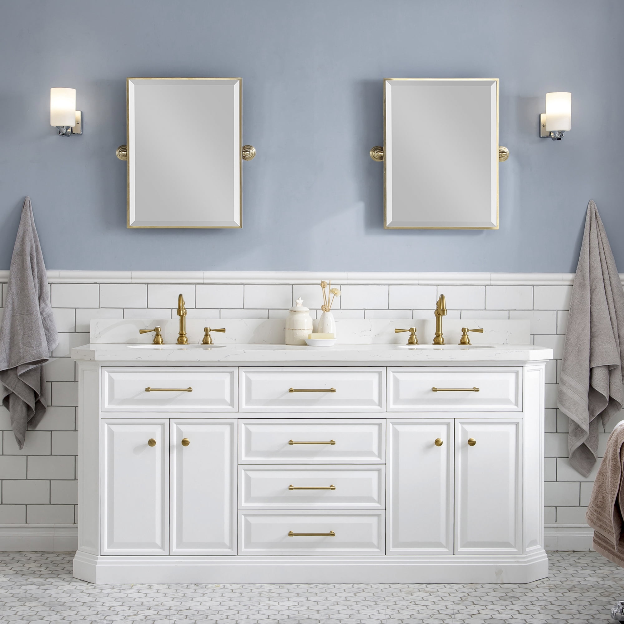 Water Creation Palace 72" Wood Double Bathroom Vanity in White & Gold ...