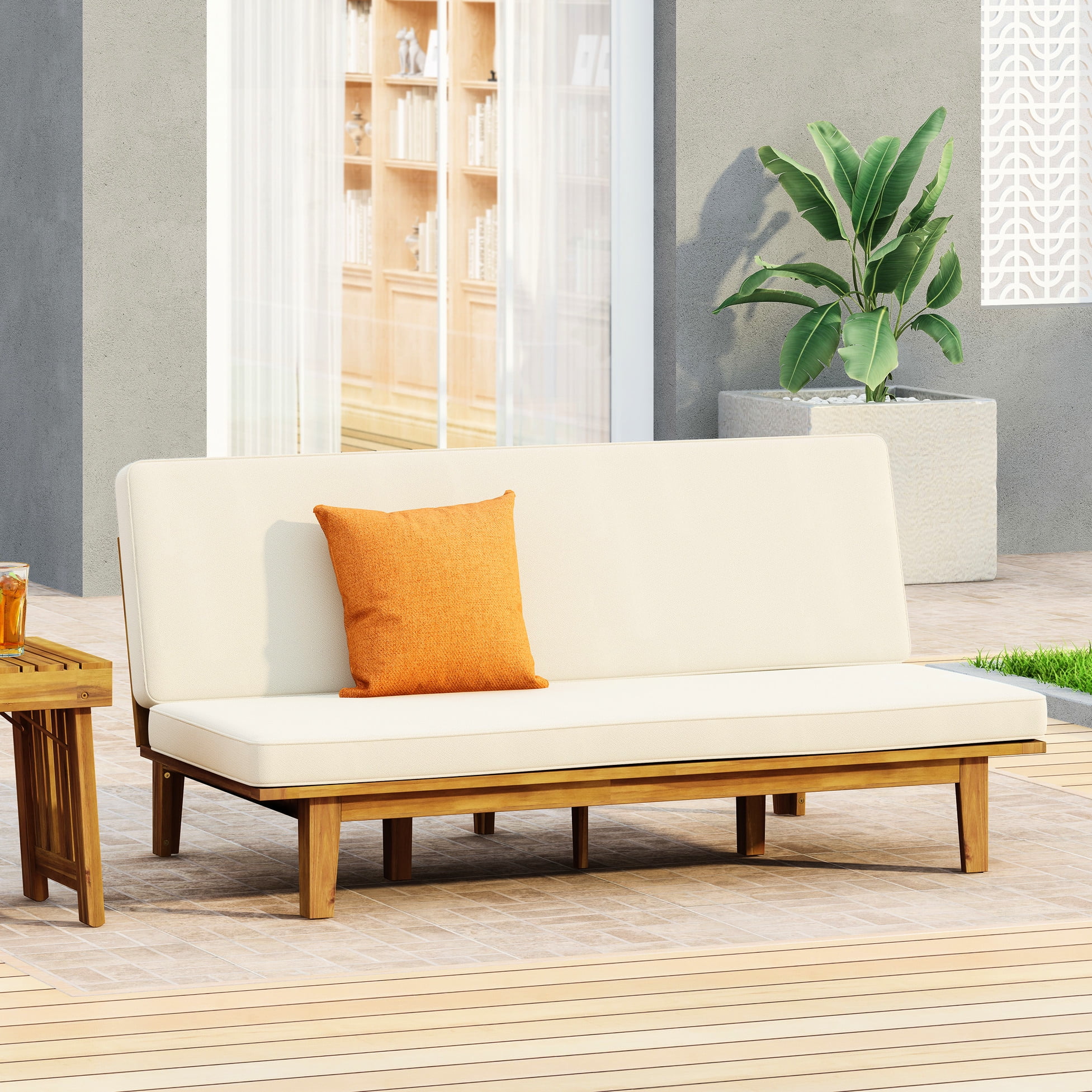 Water- Cushioned Wood Daybed With Slat Panel Seating, Convertible Bed ...