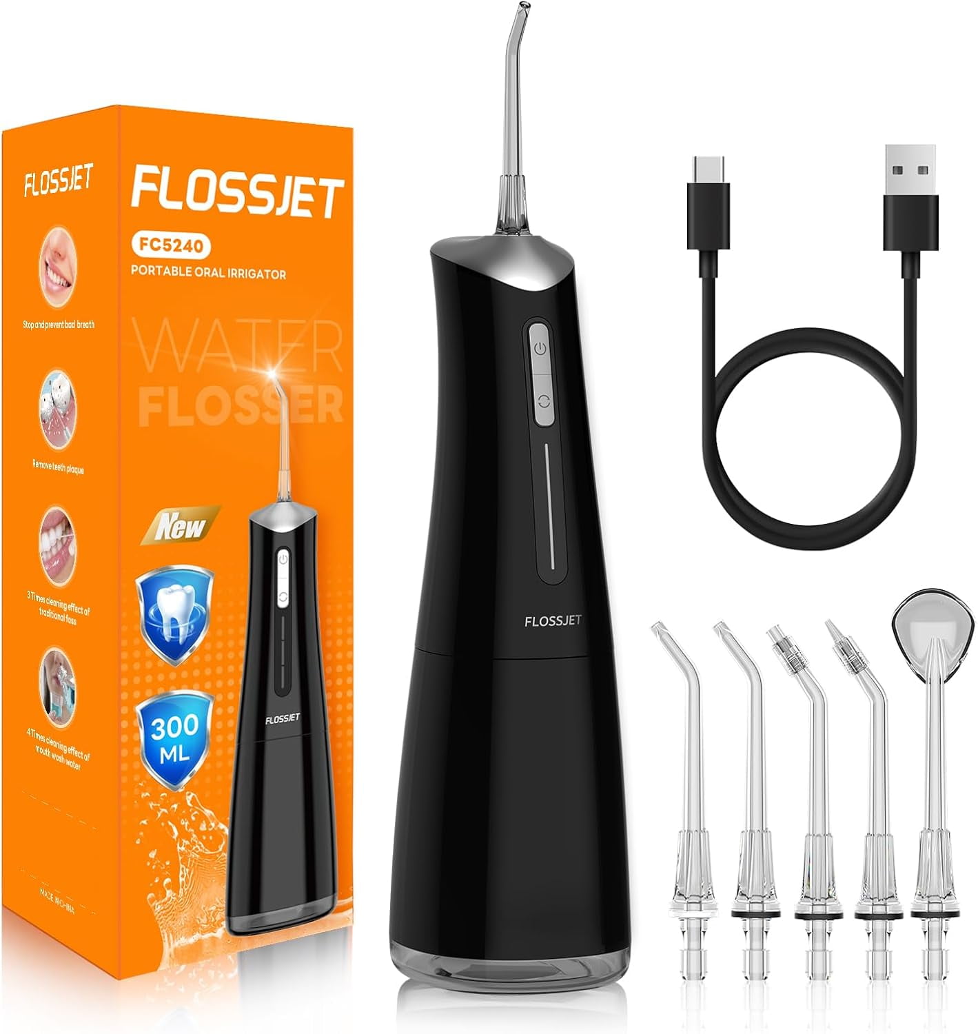 Water Dental Flosser Cordless Oral Irrigator with 300ml 5 Tips 4 Modes ...