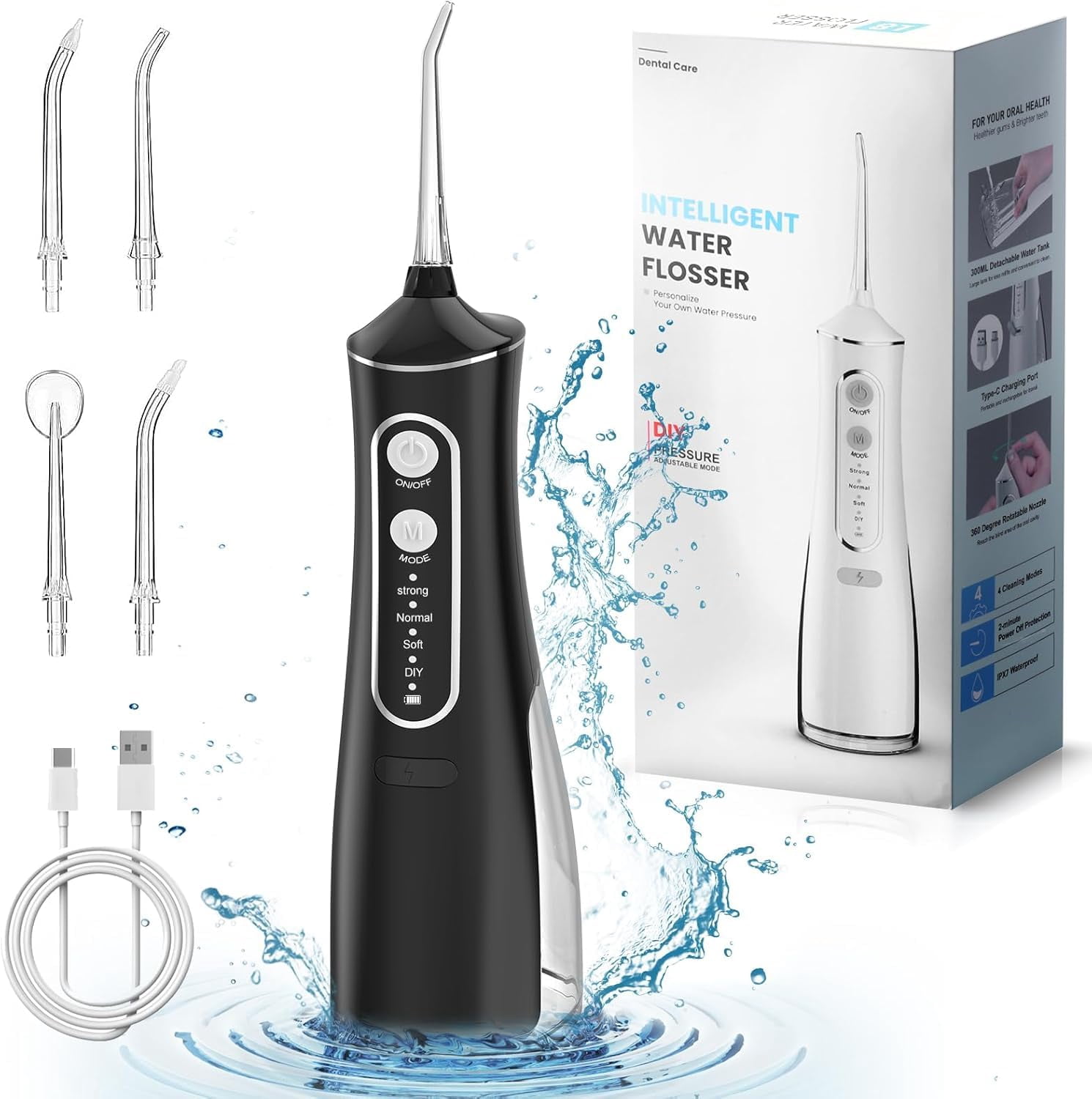 Water Dental Flosser Pick for Teeth: 4 Modes Cordless Portable 300ML ...
