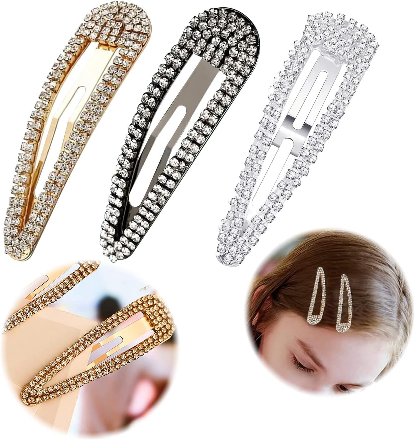 Water Drop Diamond Metal Snap Hair Clips 3Pcs Rhinestone Hair Clip for ...