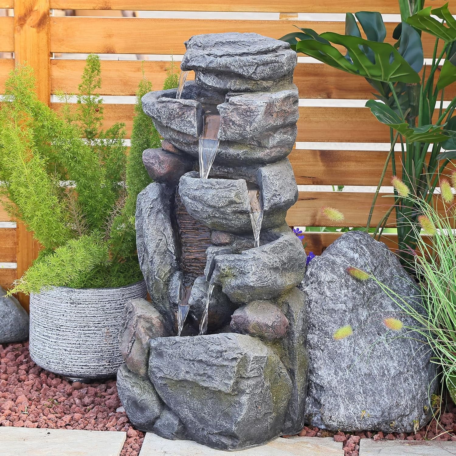 Water Features Outdoor Patio 6-Tier Cascading Rock Water Fountain 31.5 ...