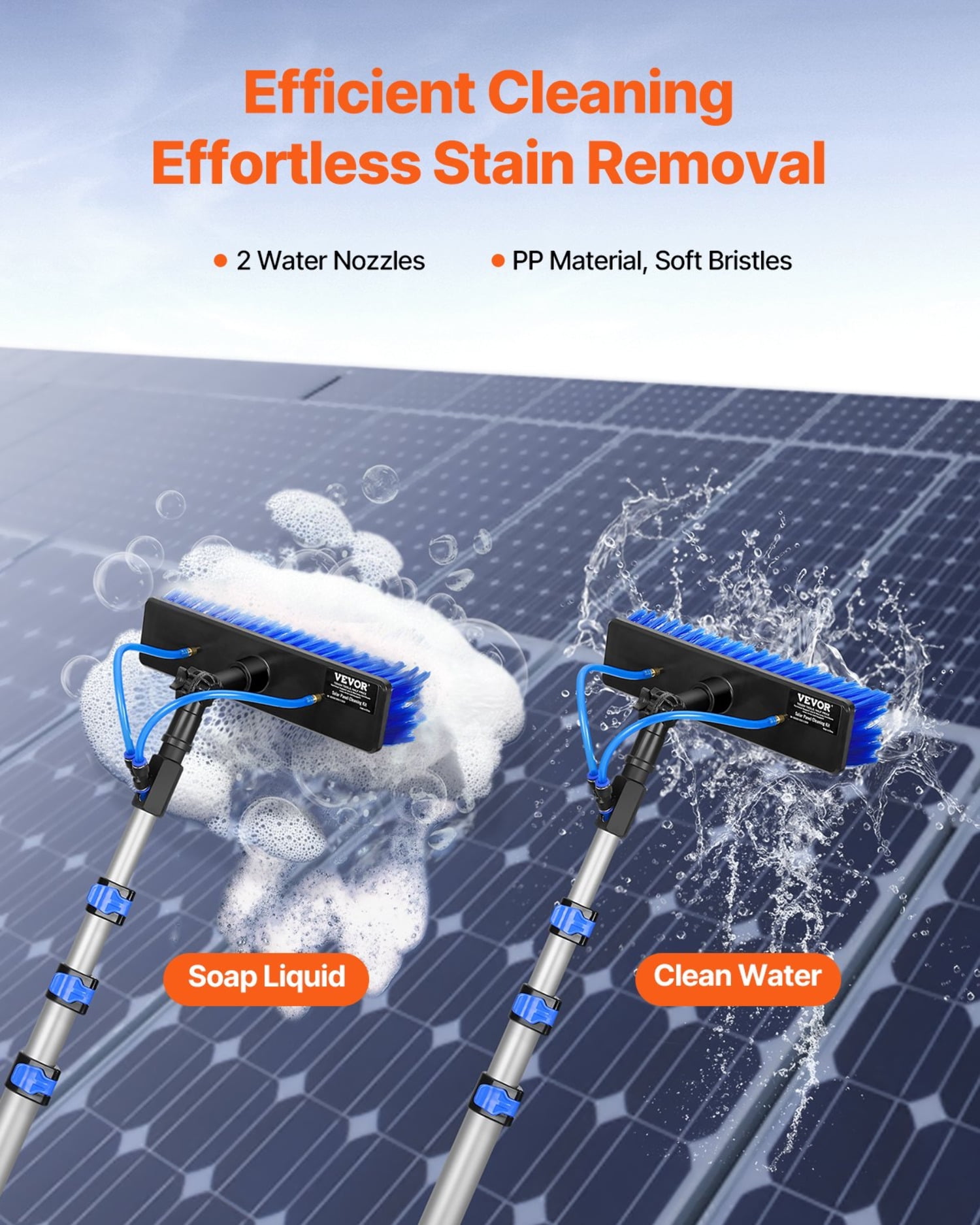 Water Fed Pole Kit 20FT Solar Panel Cleaning Pole 180° Rotatable Brush ...