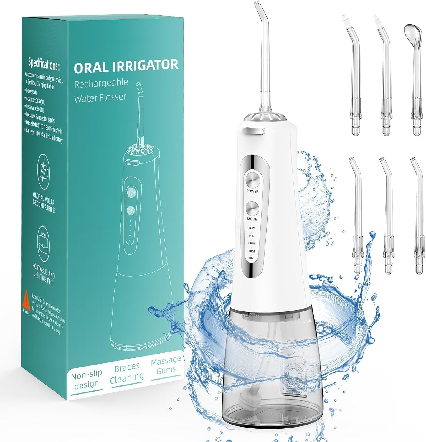 Water Flosser,300ML Pulse flossers-5 Modes&6 Replaceable Jet Tips for ...