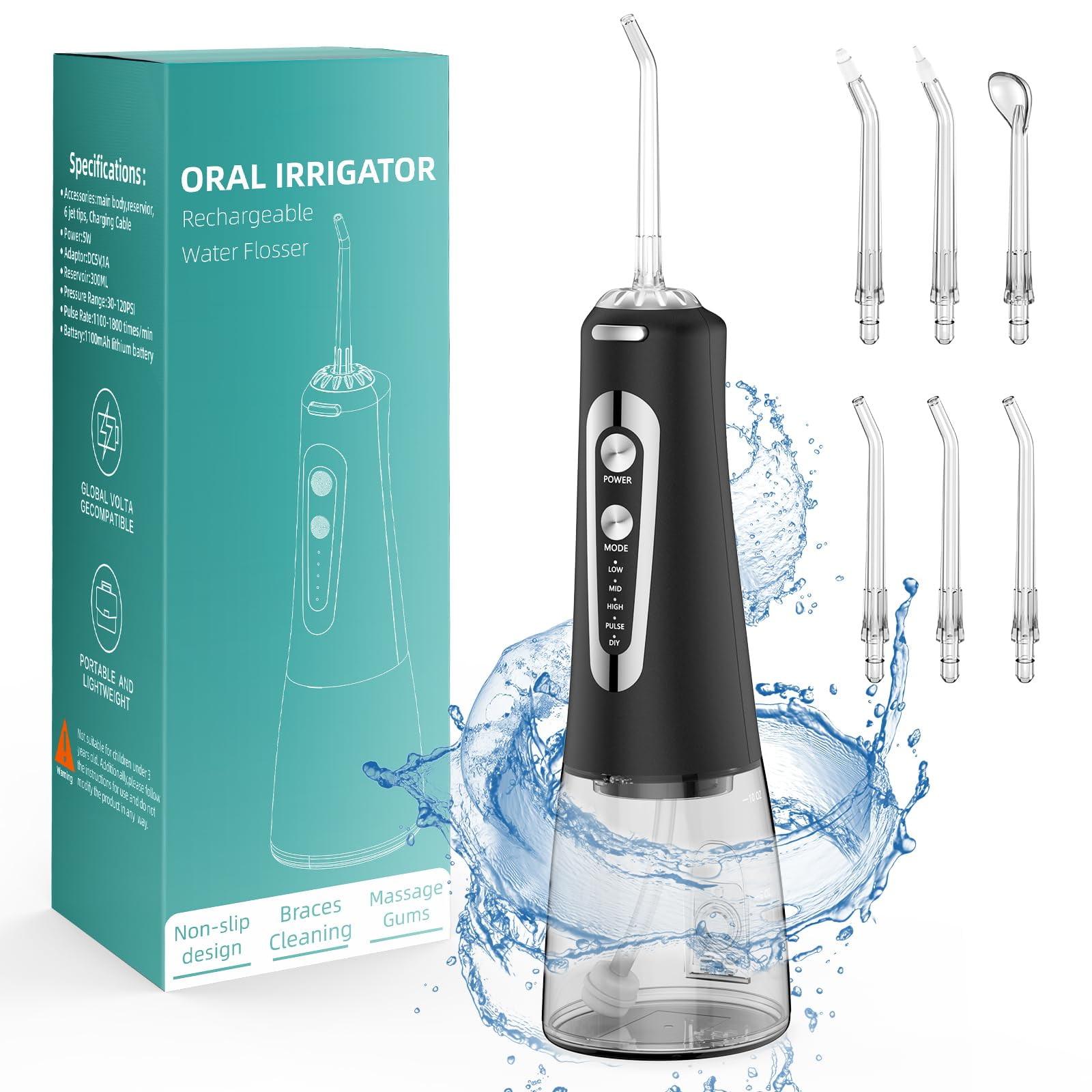 Water Flosser,300ML Water Pulse STF9 flossers-5 Modes&6 Replaceable Jet ...